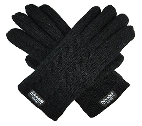BRUCERIVER Ladie's Pure Wool Knit Gloves with Thinsulate Lining and Cable design Size L (Black)