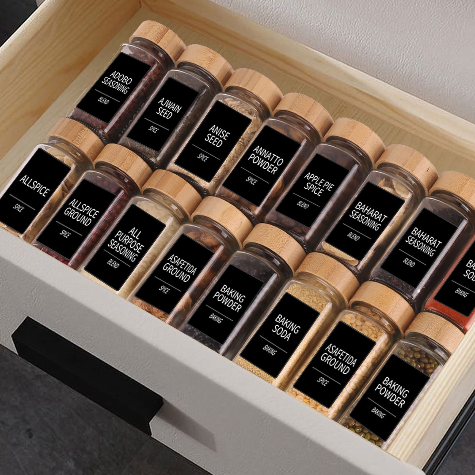 SWOMMOLY 36 Glass Spice Jars with Labels,4 oz Empty Square Spice Jars with Bamboo Lids,5 Different Types of Spice Labels Sets, Spice Bottles with Shaker Lids