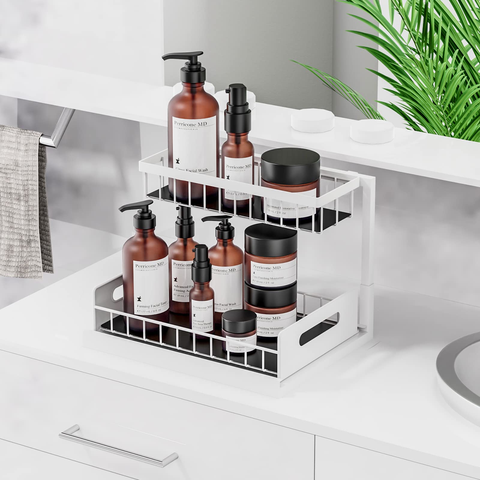 KINGPOUL Under Sink Organizers-2-Tier Heavy Duty Metal Slide Out Pull Out Drawers L-Shape Under Cabinet Storage Around Plumbing, for Under Kitchen Bathroom Sink Organizers and Storage(White)