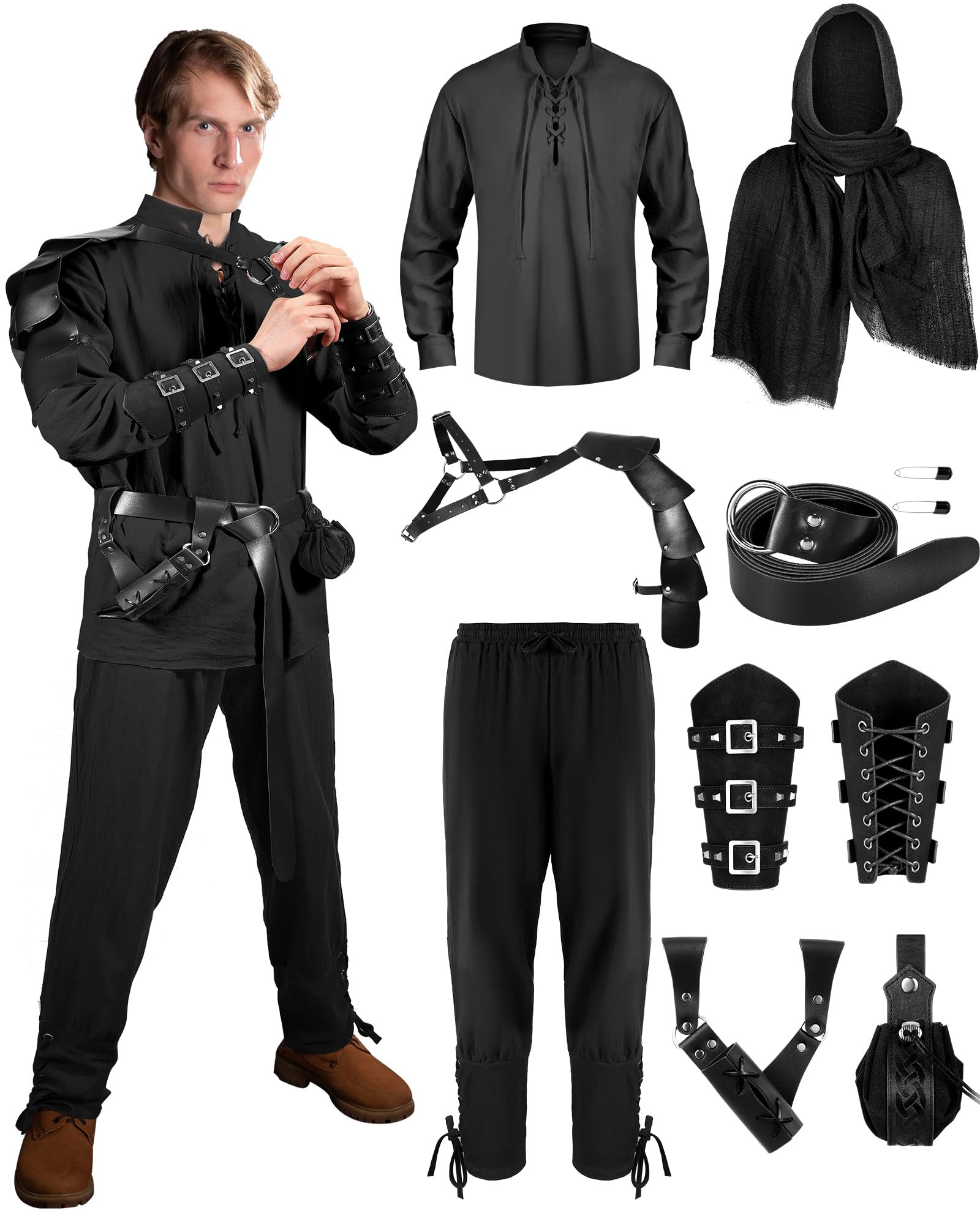 Panitay 8 Pcs Halloween Men's Renaissance Costume Set Medieval Viking Shirt Pant Belt Cape Bracer Sword Bag(Large,Stylish Color)