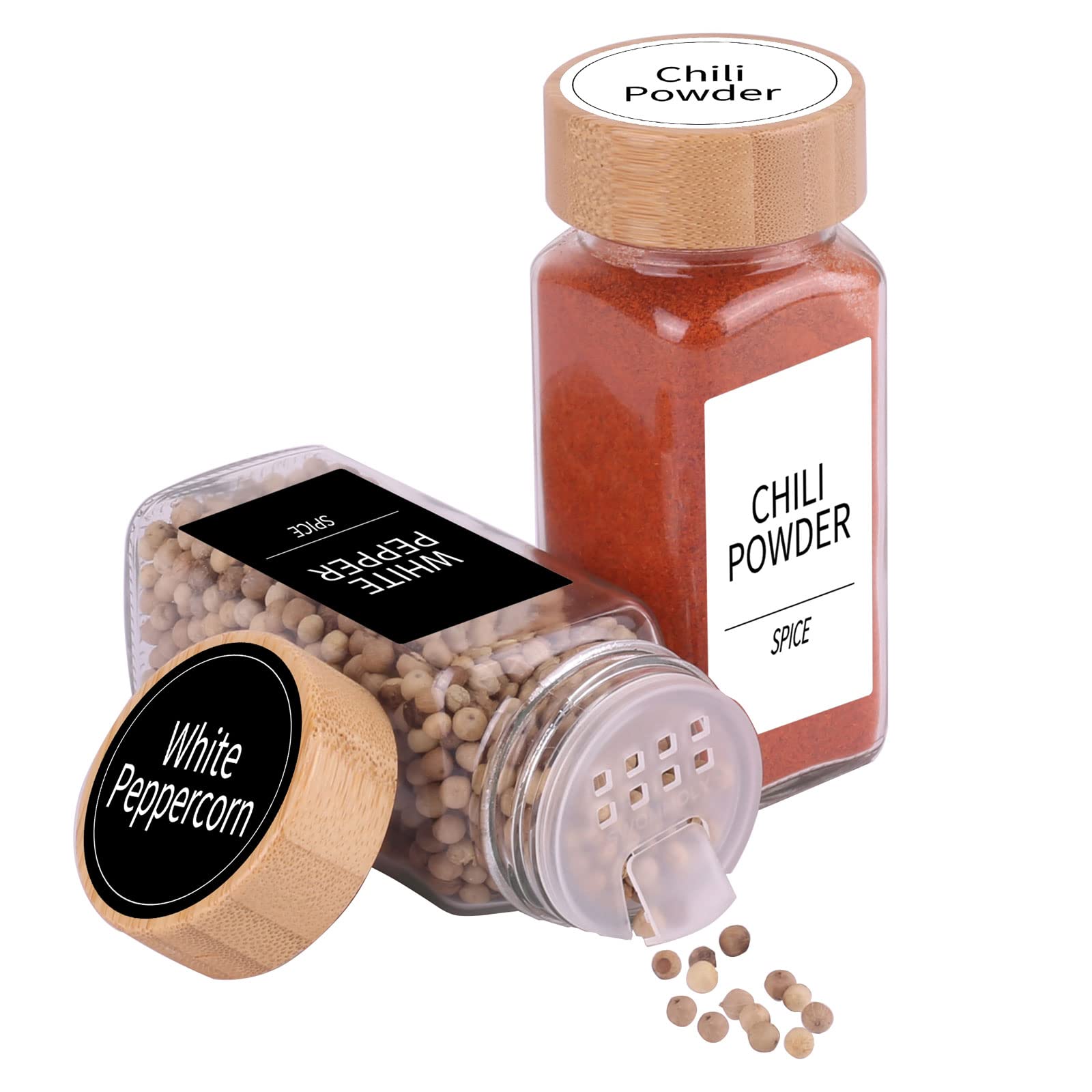 SWOMMOLY 36 Glass Spice Jars with Labels,4 oz Empty Square Spice Jars with Bamboo Lids,5 Different Types of Spice Labels Sets, Spice Bottles with Shaker Lids