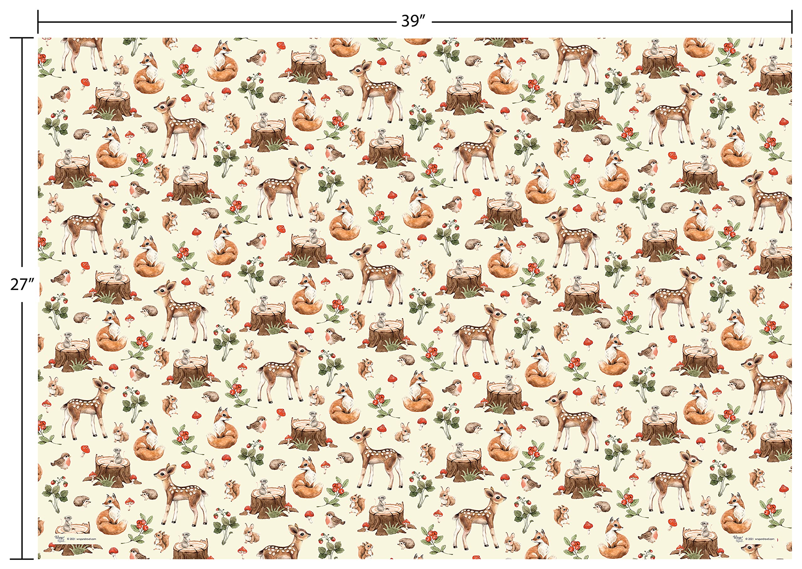 Woodland Baby Animals Gift Wrap by Wrap and RevelâBaby Shower Wrapping Paper Folded flat, 27 x 39 inches with Deer, Fox, Hedgehog, Bunny Rabbit, Mouse