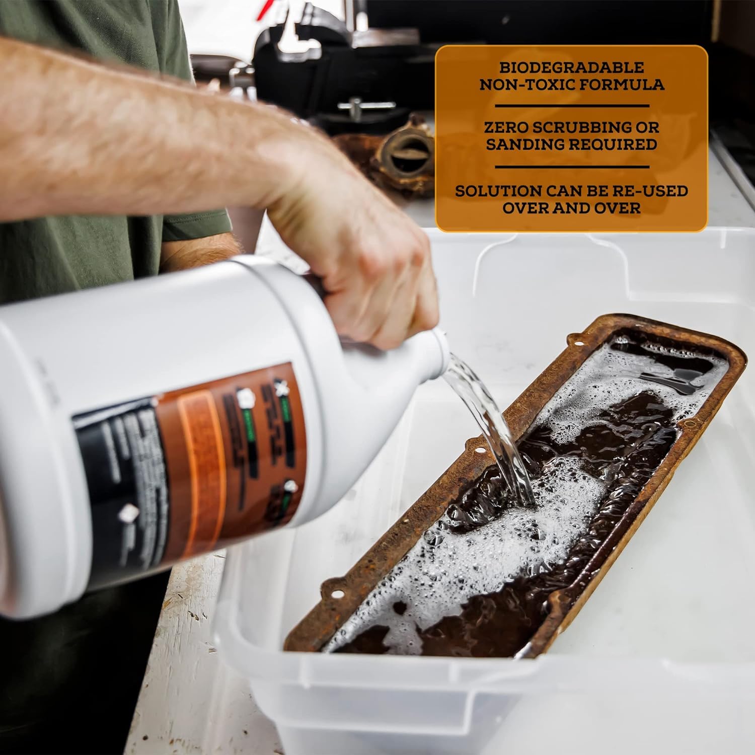 Grip Clean Rust Remover, Reusable Rust Convertor Soaking Solution, Restores Metal Parts And Tools, Non-Toxic, Biodegradable, Lasting Protection, Powerful Rust Stain Remover - 1 Gallon