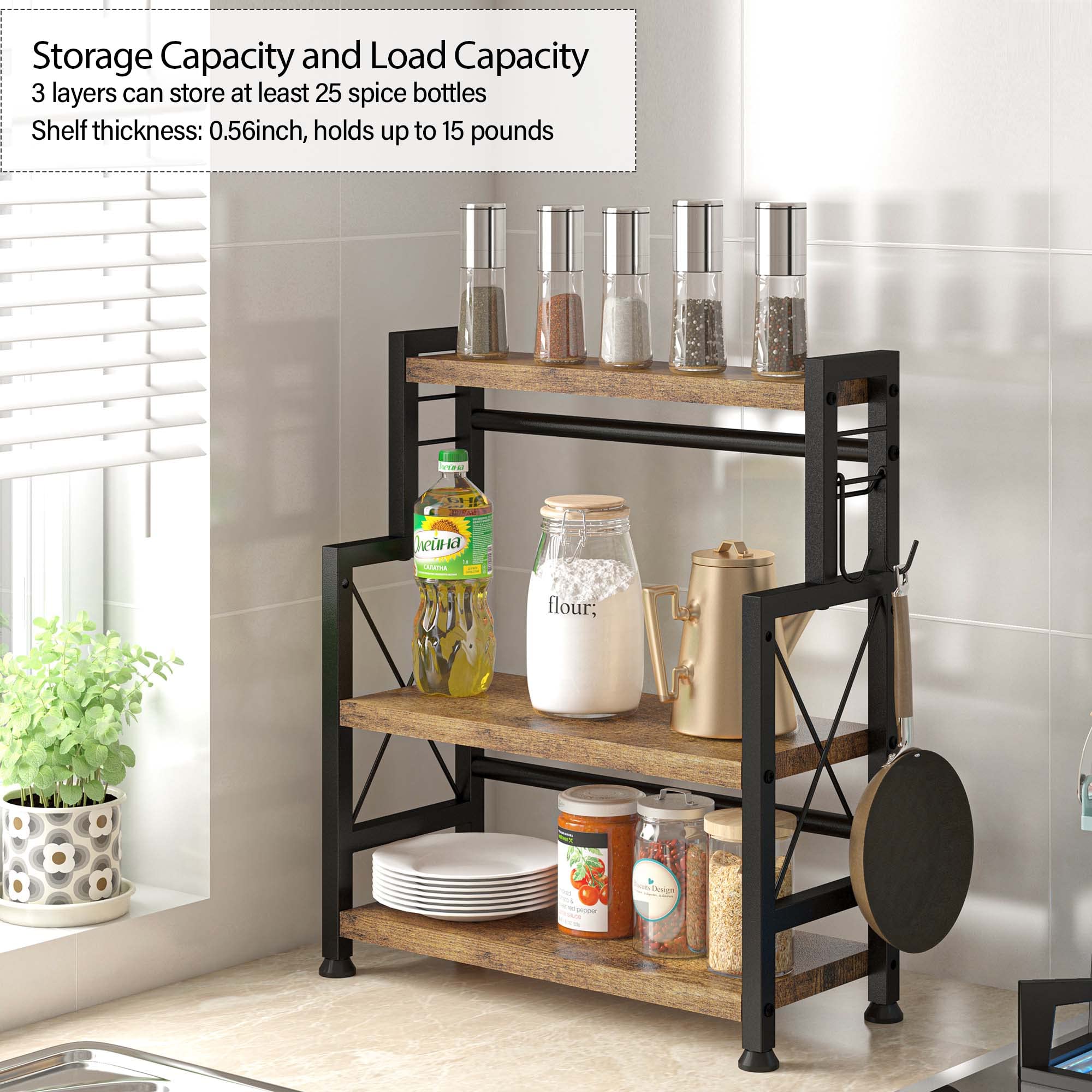 AKTOP 3-Tier Spice Rack Storage Shelves - Standing Kitchen Counter Shelf 20.1" with Hooks, Rustic Bathroom Countertop Organizer Vanity Shelf with Adjustable Shelf Cabinet, Easy Assembly