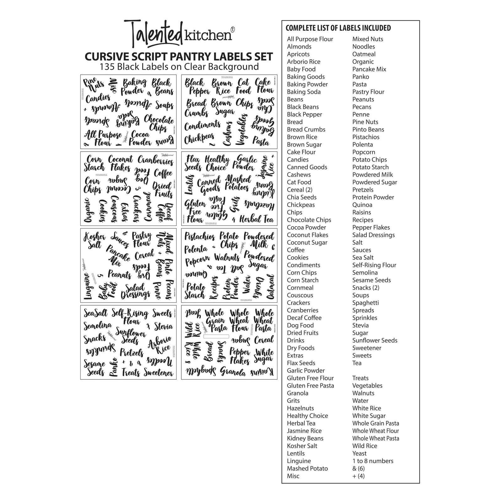 Talented Kitchen 135 Pantry Labels for Food Containers, Preprinted Clear Kitchen Food Labels for Organizing Storage Canisters & Jars, Black Cursive + Numbers Stickers (Water Resistant)