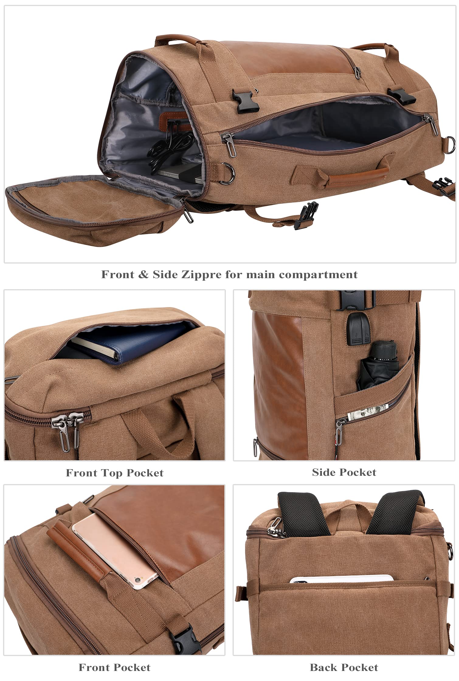 WITZMAN Travel Backpack with USB Charging Port Large Carry On Canvas Backpack Duffel Luggage Fit 17 inch Laptop for Men Women (2063 Brown)
