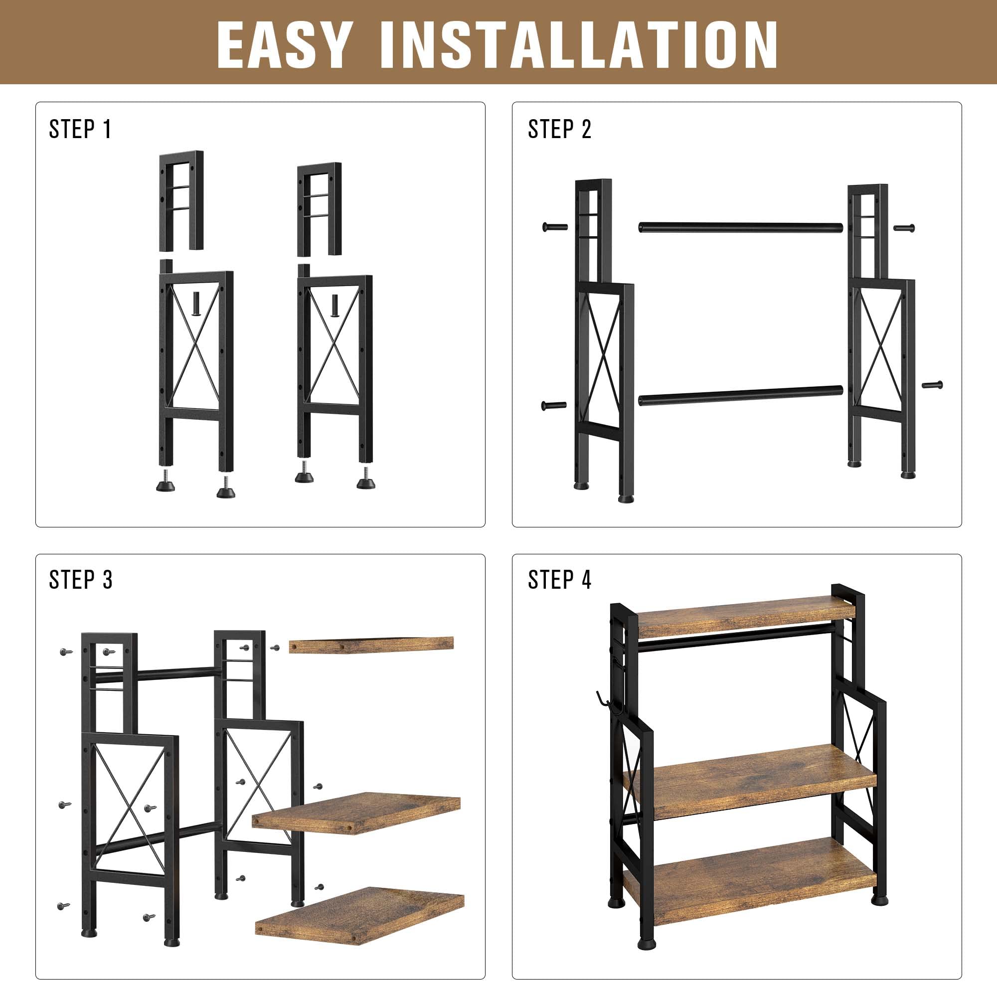 AKTOP 3-Tier Spice Rack Storage Shelves - Standing Kitchen Counter Shelf 20.1" with Hooks, Rustic Bathroom Countertop Organizer Vanity Shelf with Adjustable Shelf Cabinet, Easy Assembly