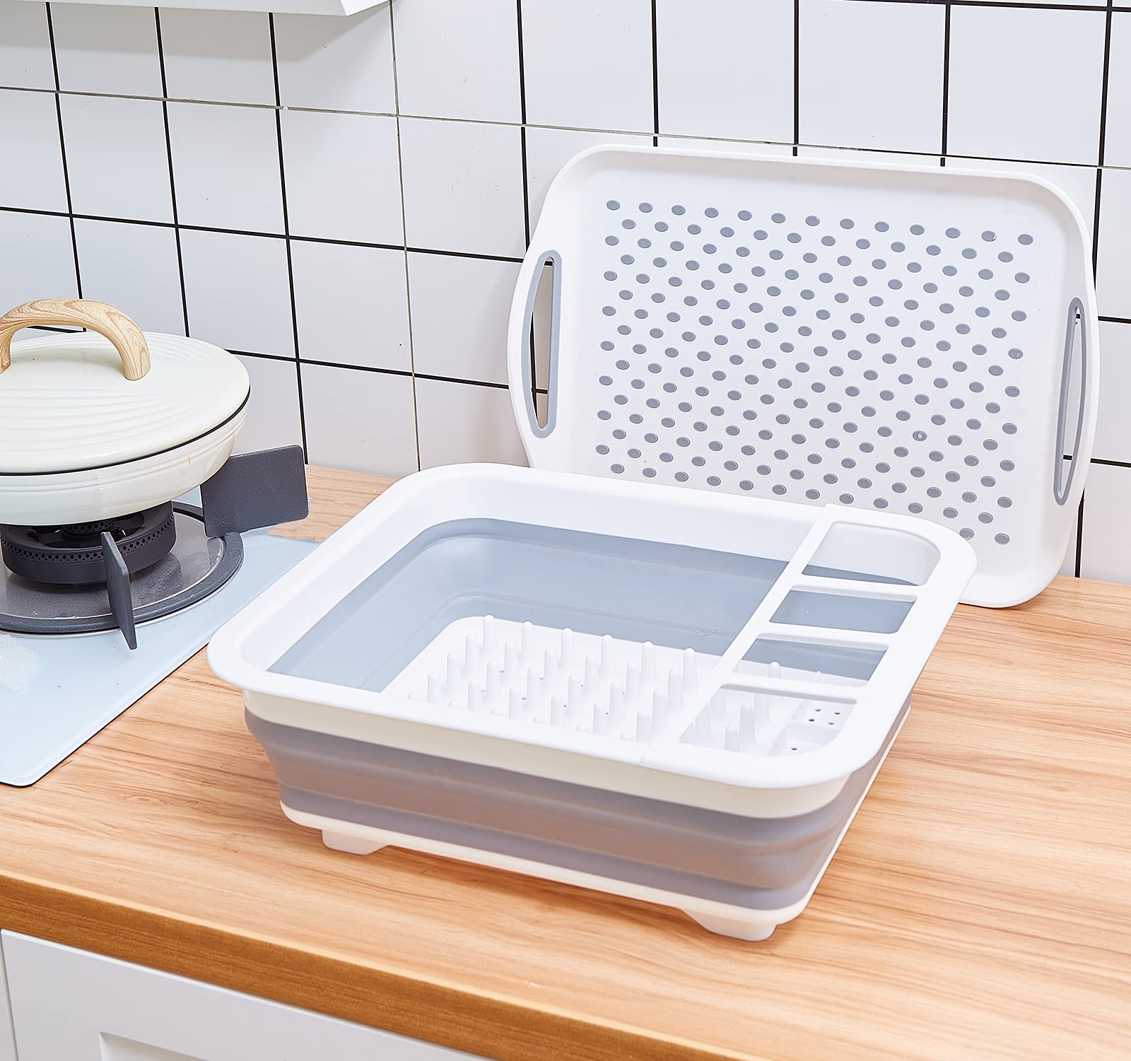 YUNTENG Collapsible Dish Drying Rack and Drainboard Set Portable Camp Dish Drainer Dinnerware Organizer Dish Rack Foldable Dying Dish Storage Rack for Kitchen Counter RV Camping Accessories