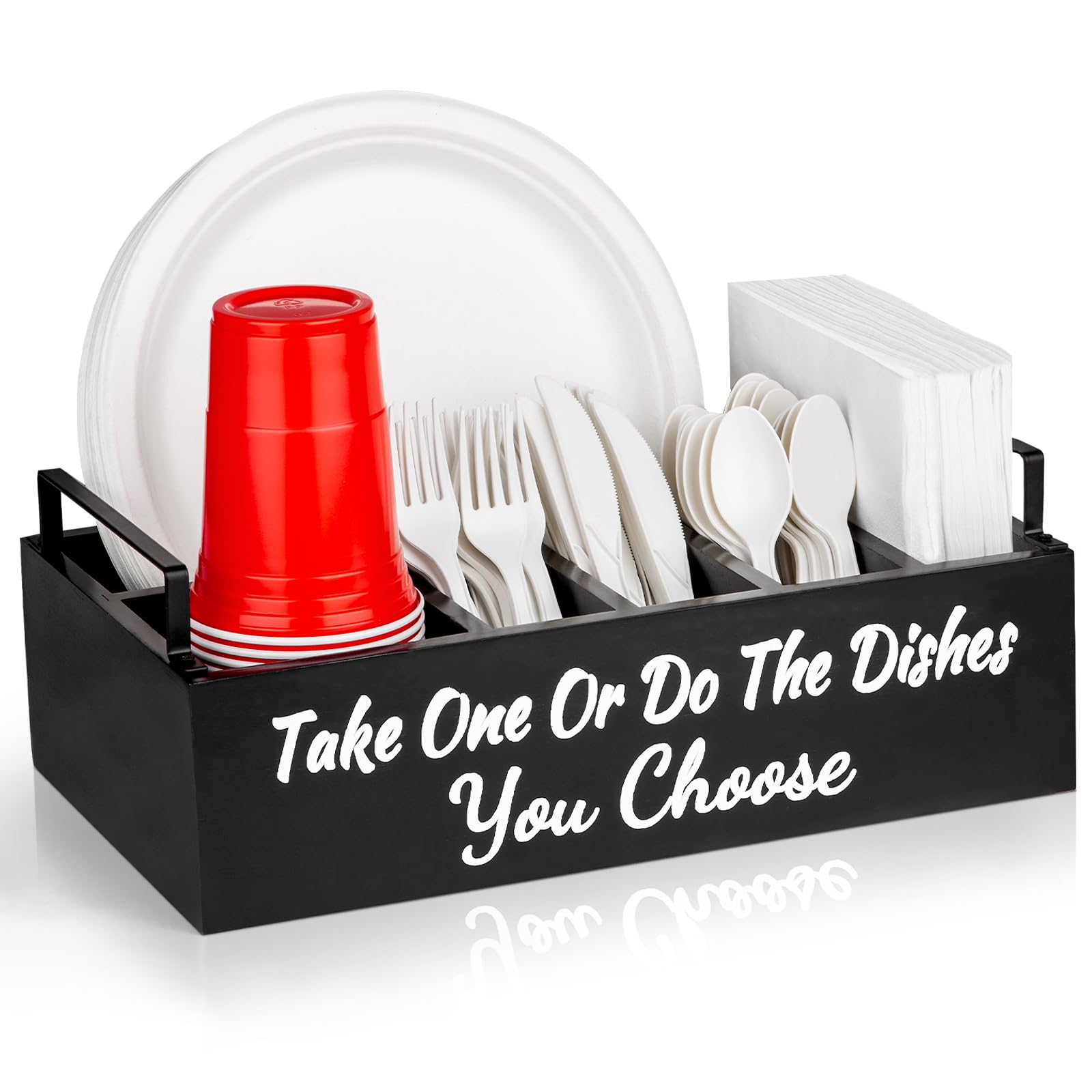 Paper Plate Organizer Holder for Countertop, Silverware Caddy with 6 Compartments for Plates, Cups, Fork, Knives, Spoon and Napkins, Paper Plate and Utensil Caddy for Party, Camping, Picnic (Black)
