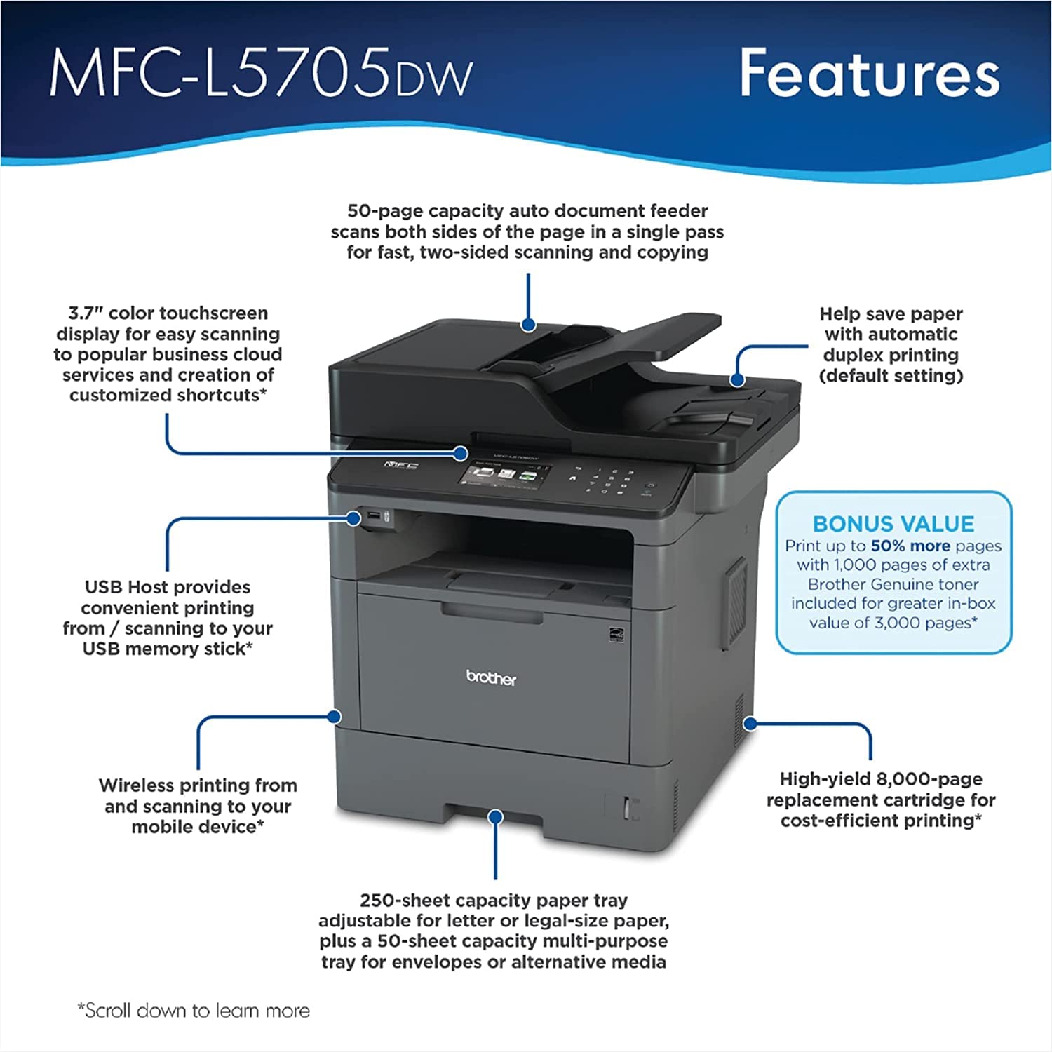 Brother MFC-L5705DW All-in-One Wireless Monochrome Laser Printer, Print Copy Scan Fax, Duplex (2-Sided), Ethernet, Hi-Speed USB 2.0, 42ppm, 1200x1200 dpi, 3.7" Touch LCD, Durlyfish