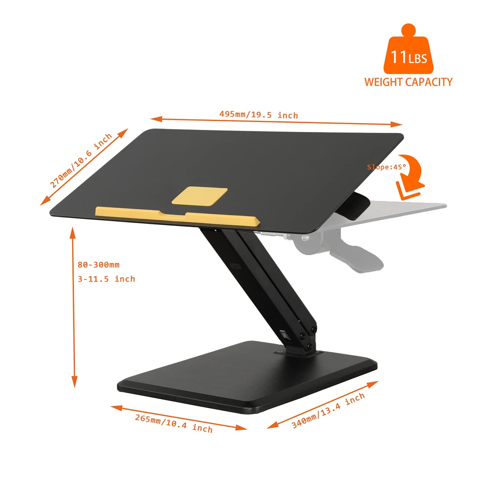 TORRAINAKE Height Adjustable Standing Desk Converter, Sit-Stand Converting Desks with Gas Spring and 45° Adjustable Aluminum Desktop for Home, Office