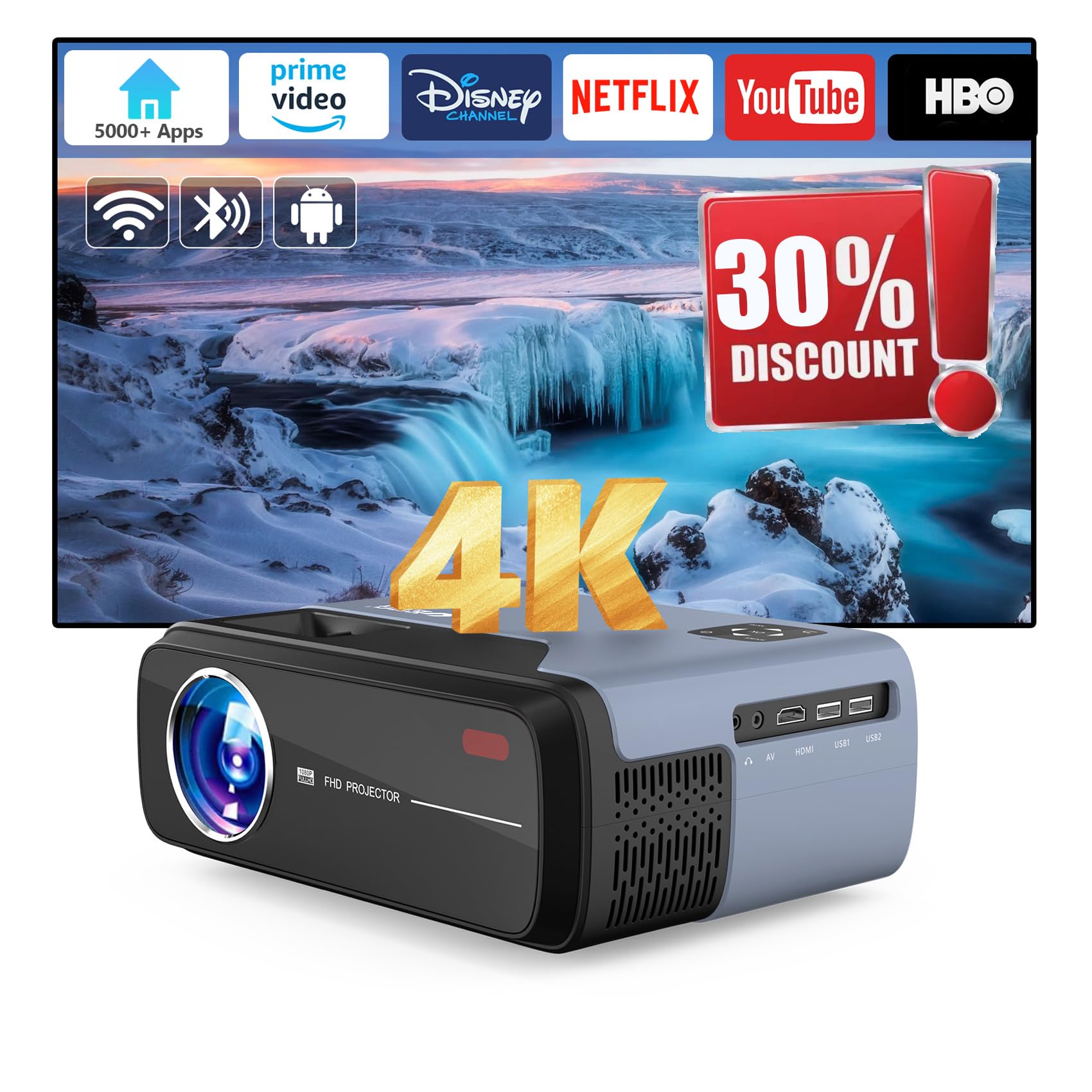 EUG Mini Projector for iPhone iPad Laptop, Outdoor Portable Projector 4K with WiFi Bluetooth, 2023 Android Smart Projector with Apps, Native 1080P LED Movie Video Projectors for Home Theater Office
