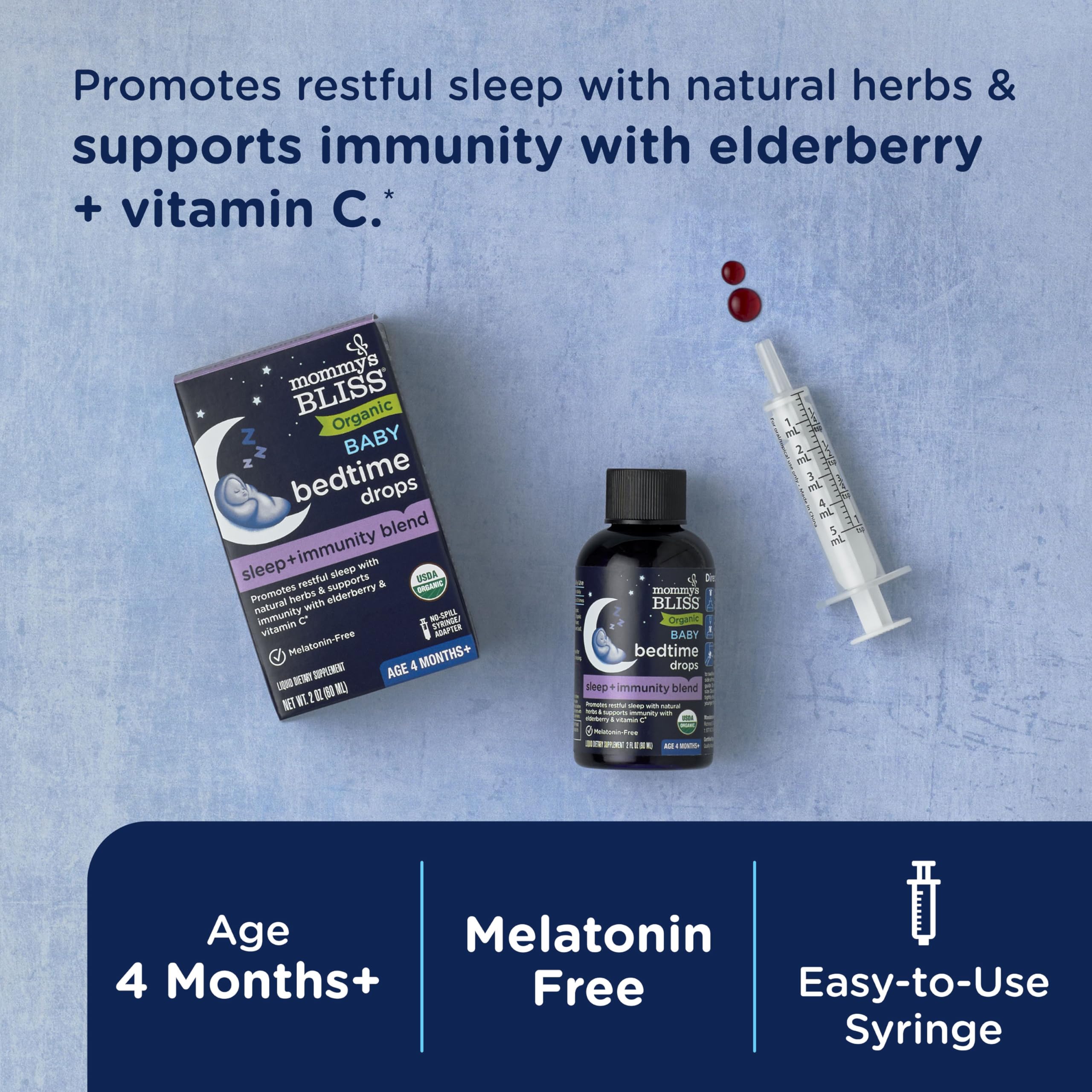 Mommy's Bliss Organic Baby Bedtime Drops + Overnight Immunity Support*, Promotes Restful Night, Melatonin Free, Age 4 Month+, 2 Fl Oz