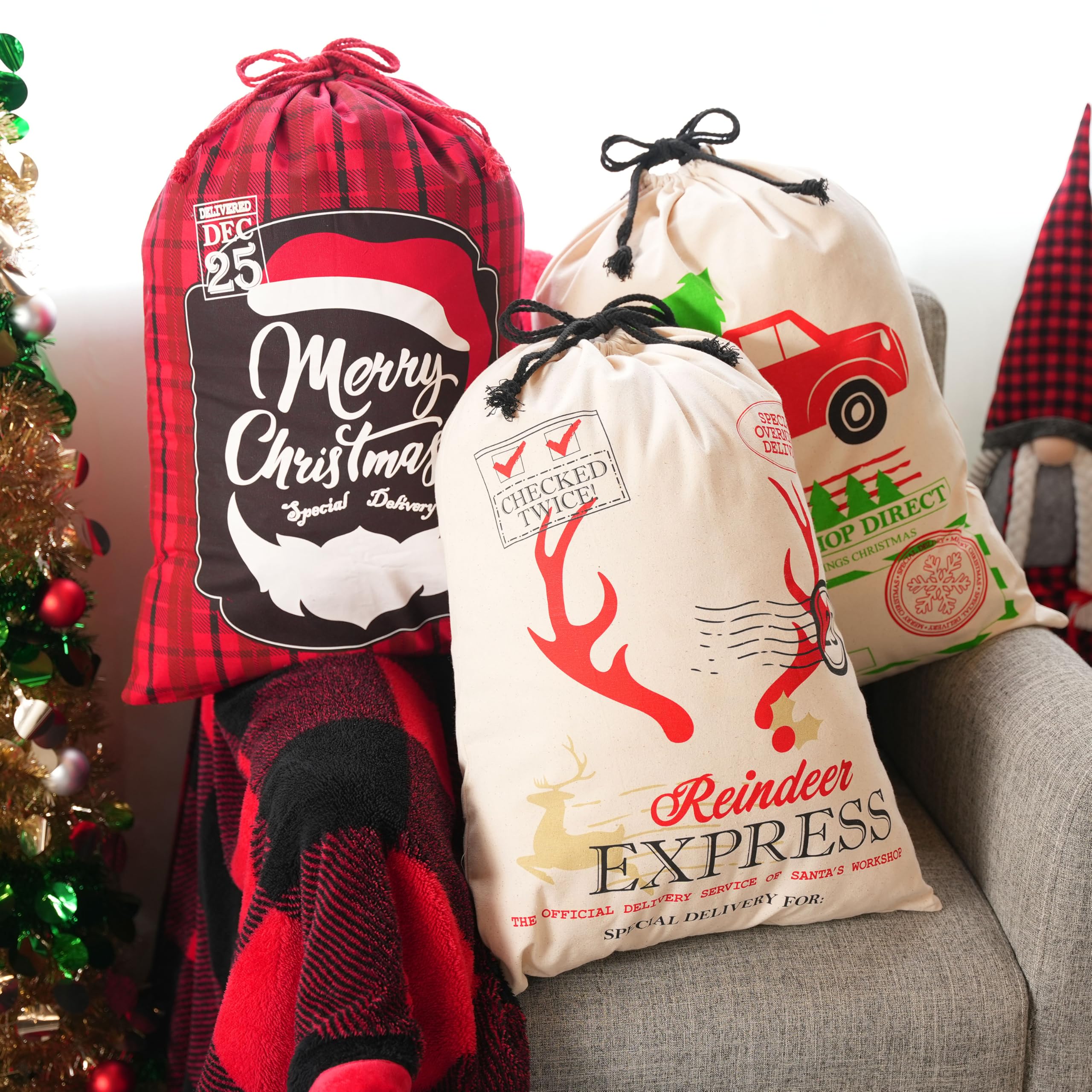 JOYIN 3 Santa Sacks Christmas Canvas Burlap Gift Bags Personalized Storage with Drawstring for Extra Large Xmas Stuffers Presents Bags, Party Favor Decorations