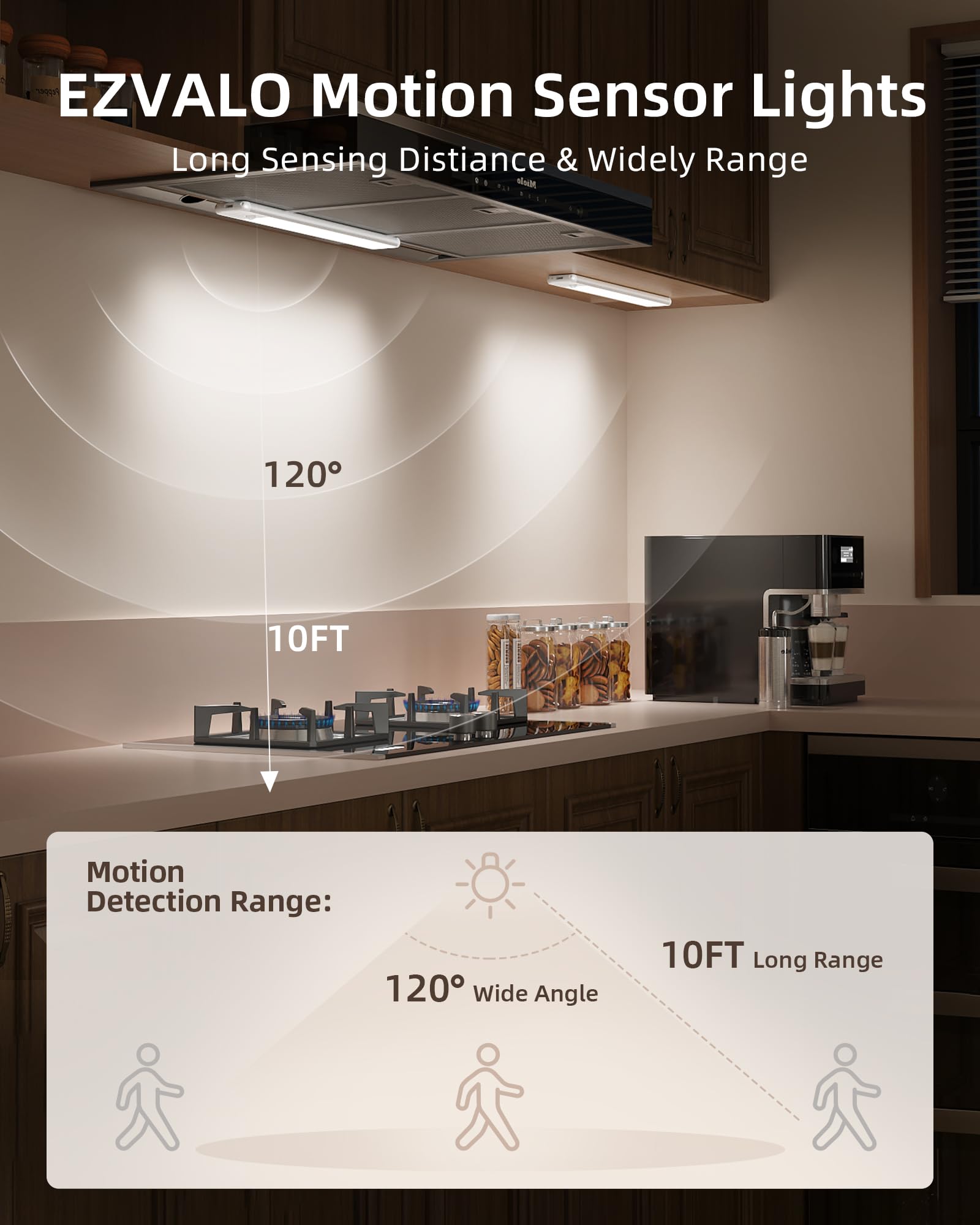EZVALO Under Cabinet Lighting,52-LED Motion Sensor Cabinet Light Indoor,USB Rechargeable Wireless Closet Lights,3500K Dimmer Battery Powered Operated Night Lights for Bedroom,Wardrobe,Stairs (2 Pack)