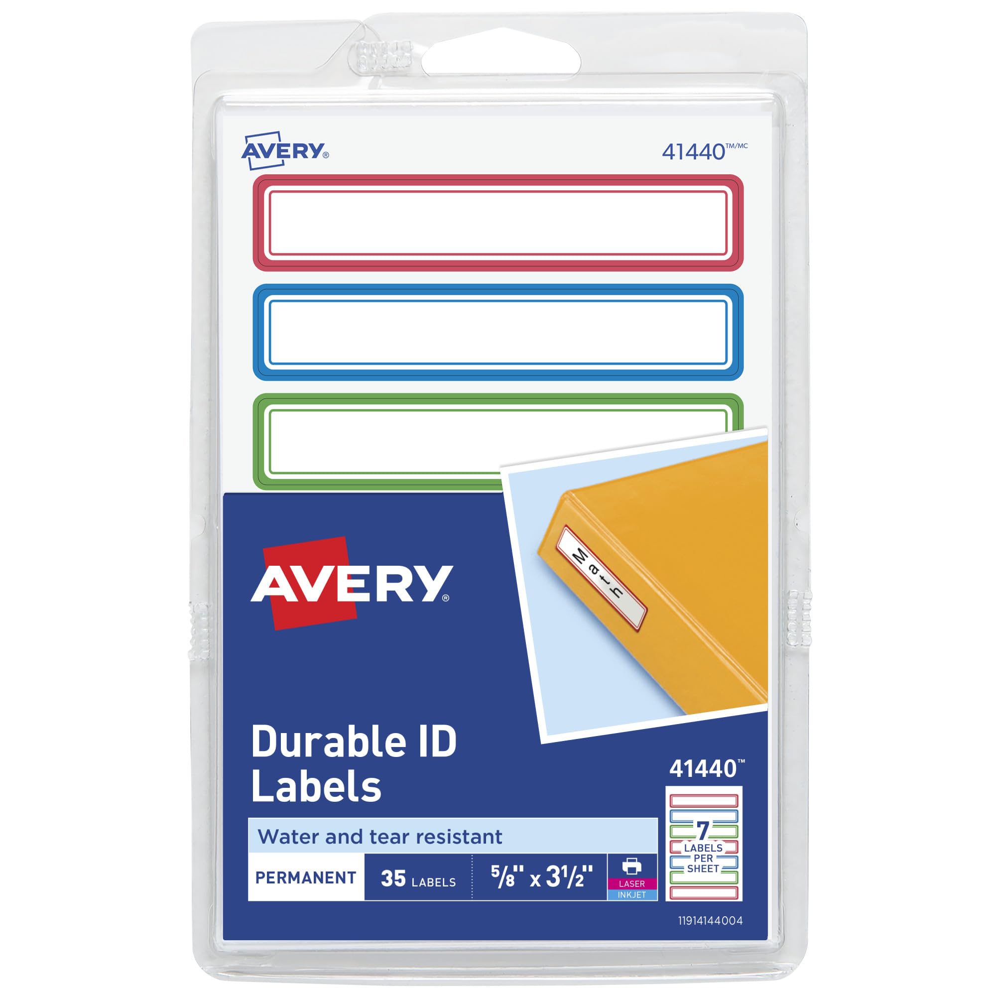 Avery(R) Durable Labels for Kids' Gear, 5/8" x 3-1/2", Assorted Border Colors, Water-Resistant Labels, 35 Rectangle Labels Total (41440)
