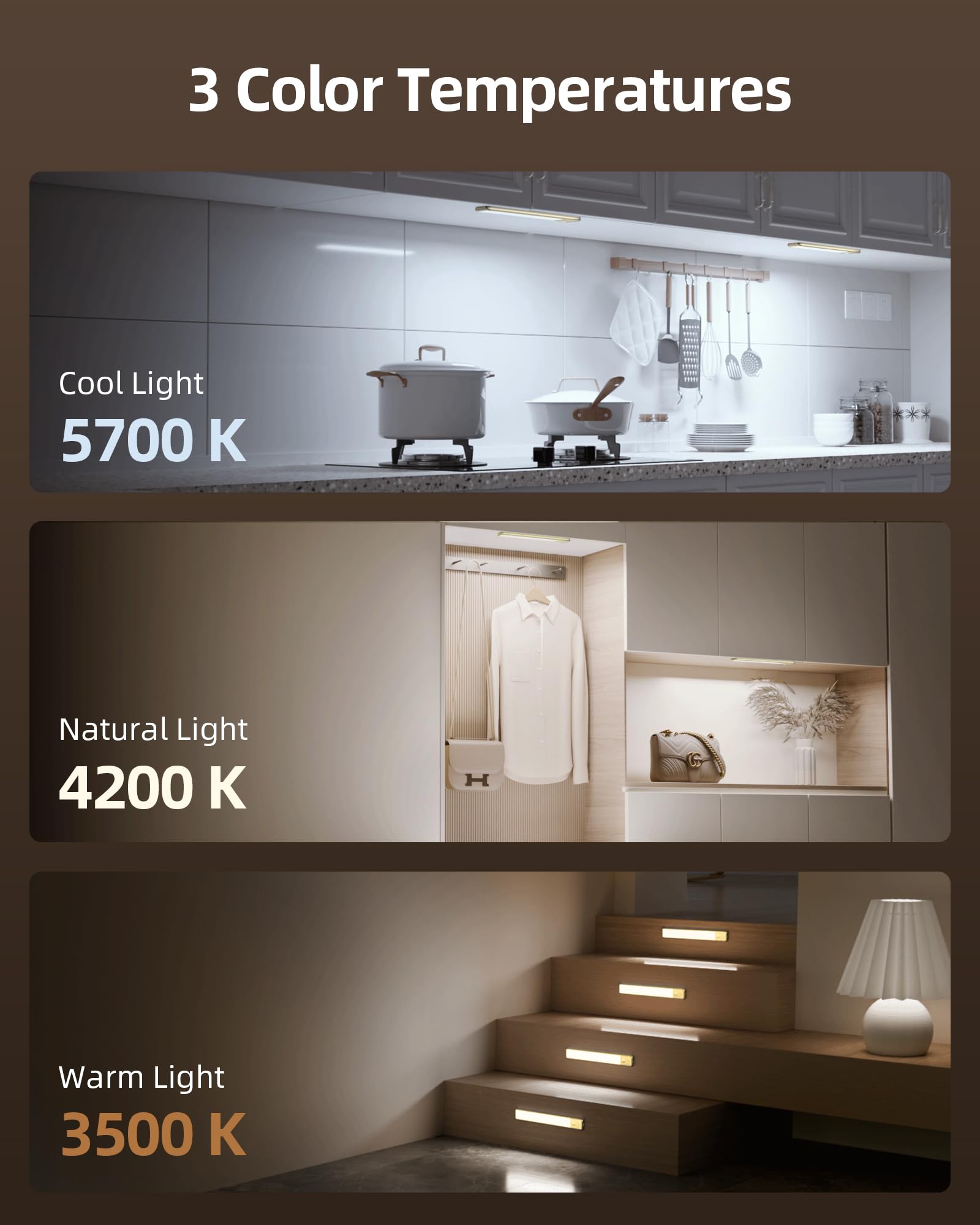 EZVALO Under Cabinet Lighting,52-LED Motion Sensor Cabinet Light Indoor,USB Rechargeable Wireless Closet Lights,3500K Dimmer Battery Powered Operated Night Lights for Bedroom,Wardrobe,Stairs (2 Pack)