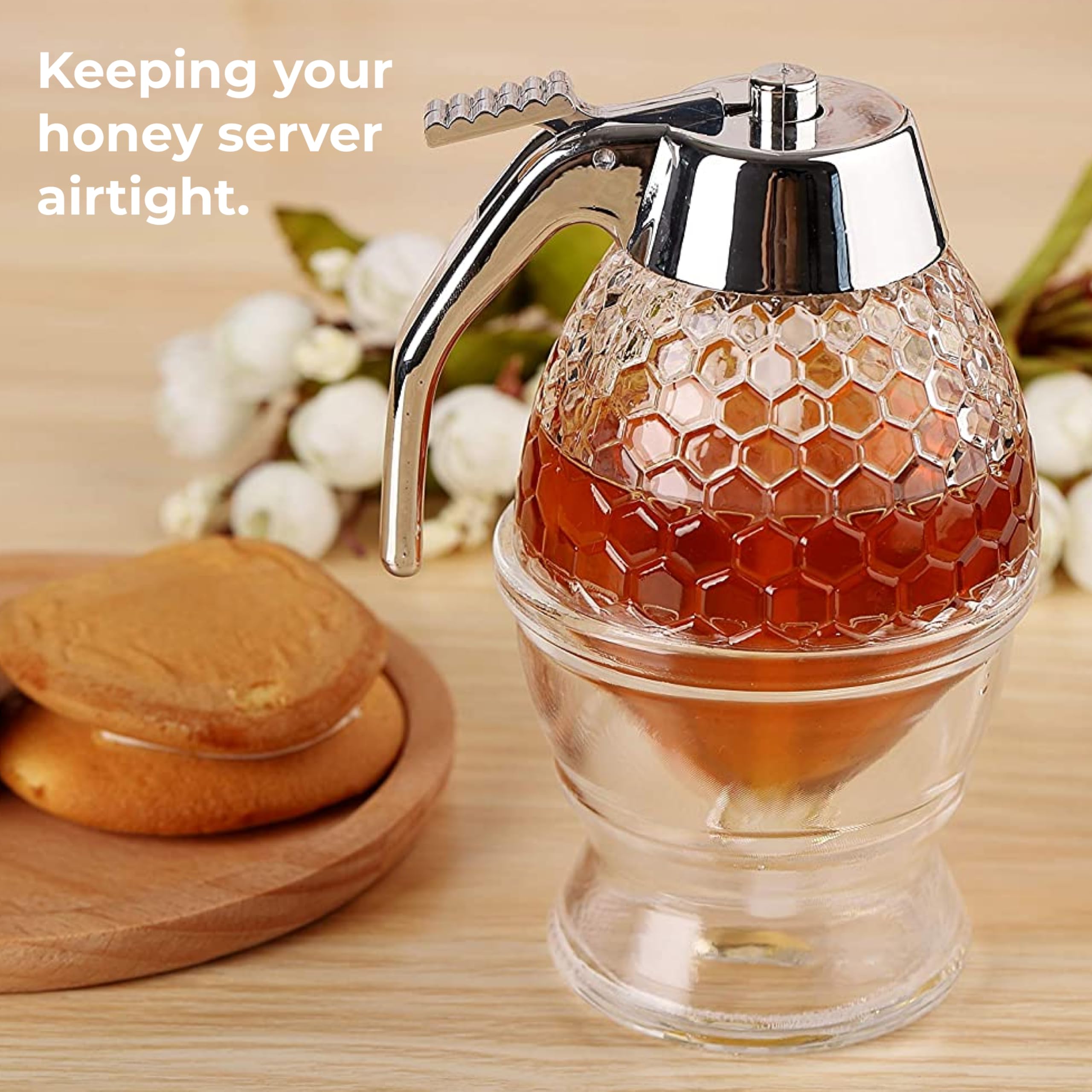 Hunnibi Honey Dispenser PLUS - No Drip Glass with STAINLESS STEEL TOP - Syrup Dispenser Glass - Beautiful Honey Pot - Honey Jar with Stand