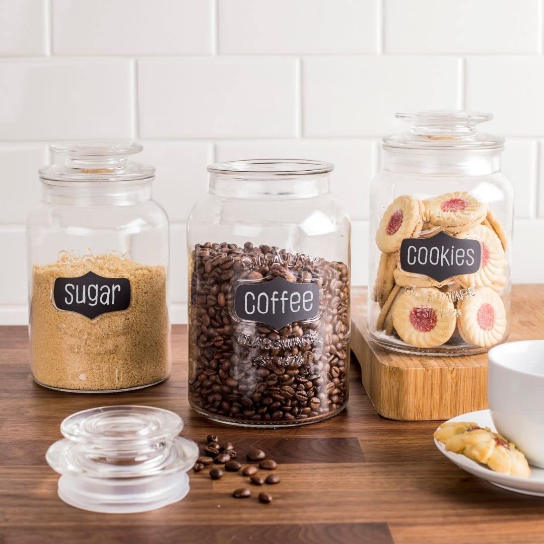 Glass Canister Set for Kitchen or Bathroom with Airtight Lid and Chalkboard Labels, Apothecary Glass Food Storage Jars - Set of 3 Cookie Jars, Candy, Coffee, Flour, Sugar, Rice, Pasta, Cereal & More, Clear Storage Containers!