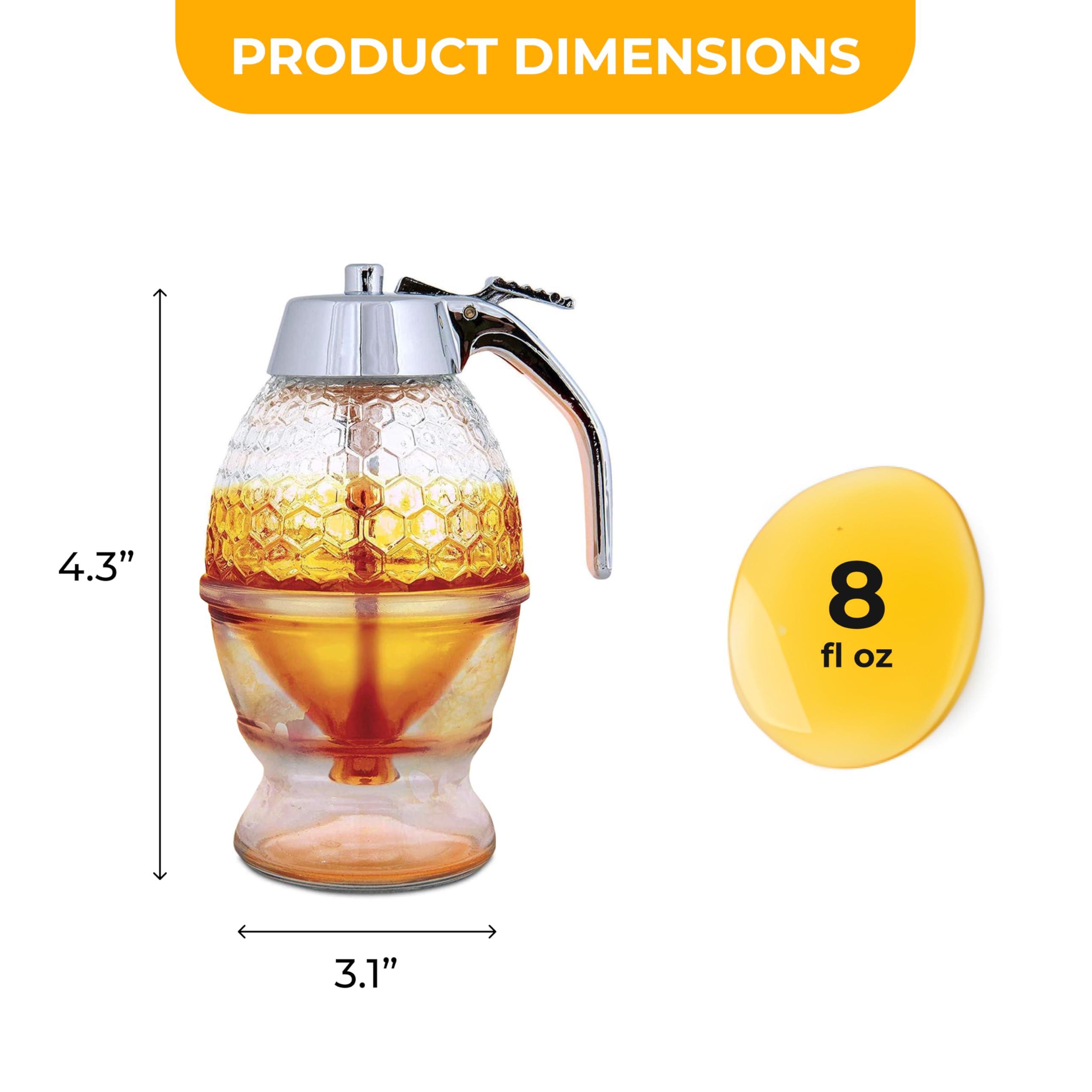 Hunnibi Honey Dispenser PLUS - No Drip Glass with STAINLESS STEEL TOP - Syrup Dispenser Glass - Beautiful Honey Pot - Honey Jar with Stand