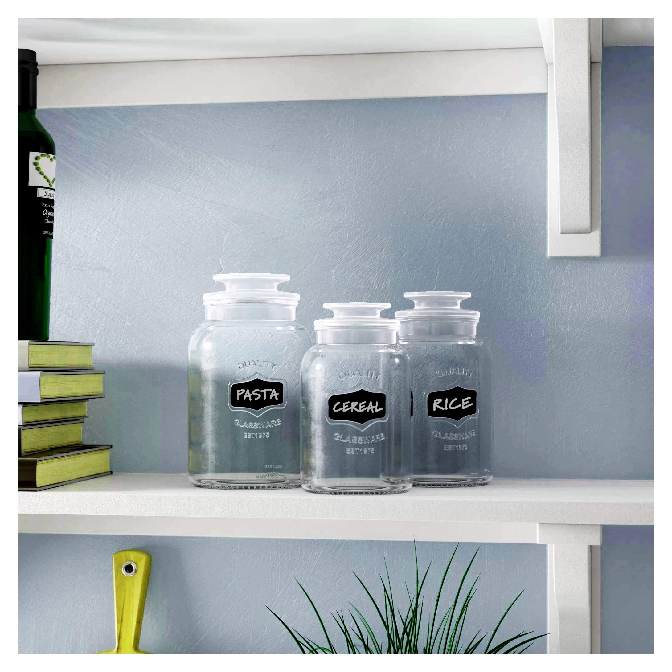Glass Canister Set for Kitchen or Bathroom with Airtight Lid and Chalkboard Labels, Apothecary Glass Food Storage Jars - Set of 3 Cookie Jars, Candy, Coffee, Flour, Sugar, Rice, Pasta, Cereal & More, Clear Storage Containers!