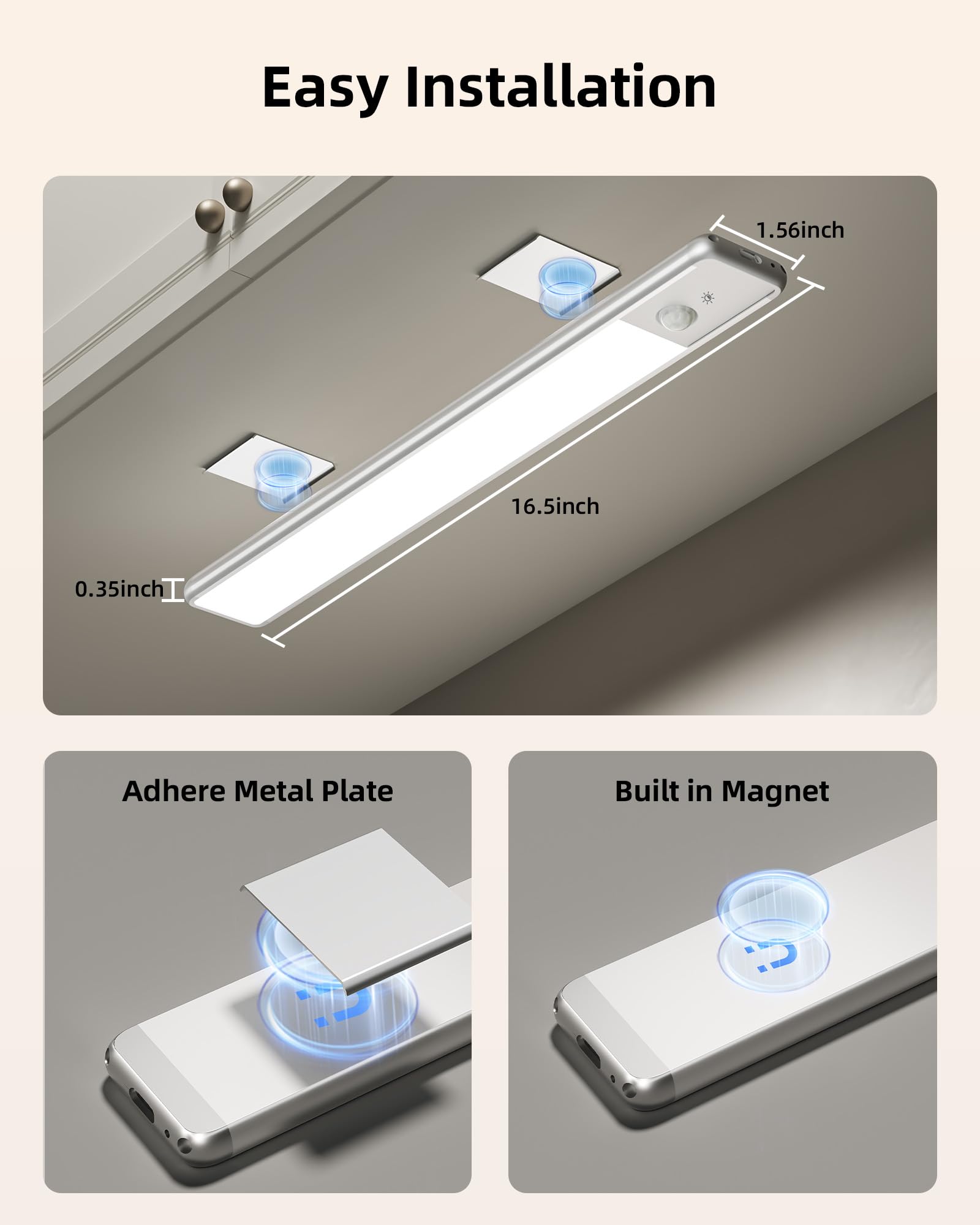 EZVALO Under Cabinet Lighting,52-LED Motion Sensor Cabinet Light Indoor,USB Rechargeable Wireless Closet Lights,3500K Dimmer Battery Powered Operated Night Lights for Bedroom,Wardrobe,Stairs (2 Pack)