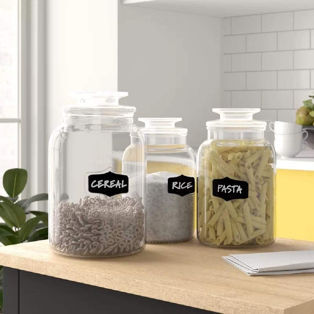 Glass Canister Set for Kitchen or Bathroom with Airtight Lid and Chalkboard Labels, Apothecary Glass Food Storage Jars - Set of 3 Cookie Jars, Candy, Coffee, Flour, Sugar, Rice, Pasta, Cereal & More, Clear Storage Containers!