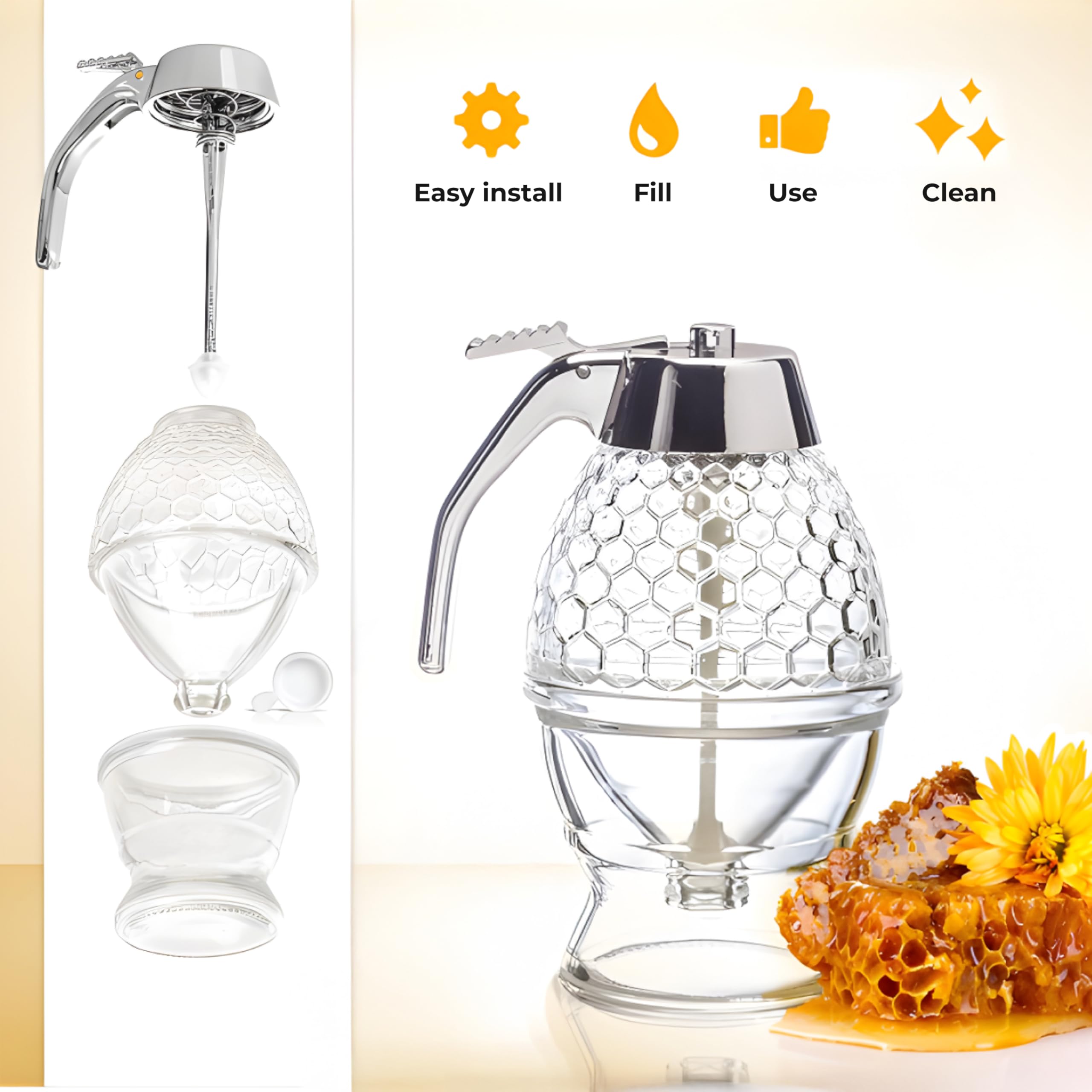 Hunnibi Honey Dispenser PLUS - No Drip Glass with STAINLESS STEEL TOP - Syrup Dispenser Glass - Beautiful Honey Pot - Honey Jar with Stand