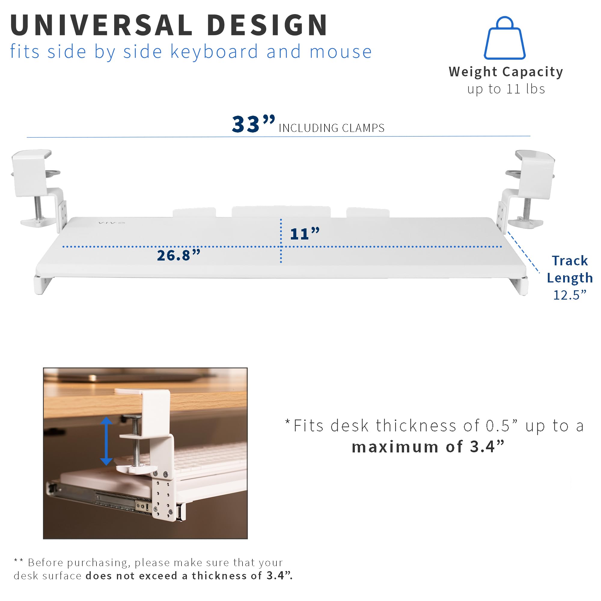 VIVO Large Height Adjustable Under Desk Keyboard Tray, C-clamp Mount System, 27 (33 Including Clamps) x 11 inch Slide-Out Platform Computer Drawer for Typing, White, MOUNT-KB05HW