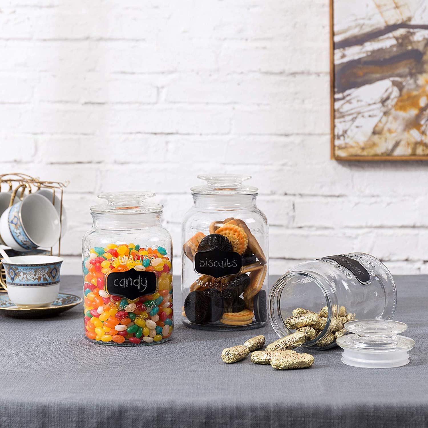 Glass Canister Set for Kitchen or Bathroom with Airtight Lid and Chalkboard Labels, Apothecary Glass Food Storage Jars - Set of 3 Cookie Jars, Candy, Coffee, Flour, Sugar, Rice, Pasta, Cereal & More, Clear Storage Containers!