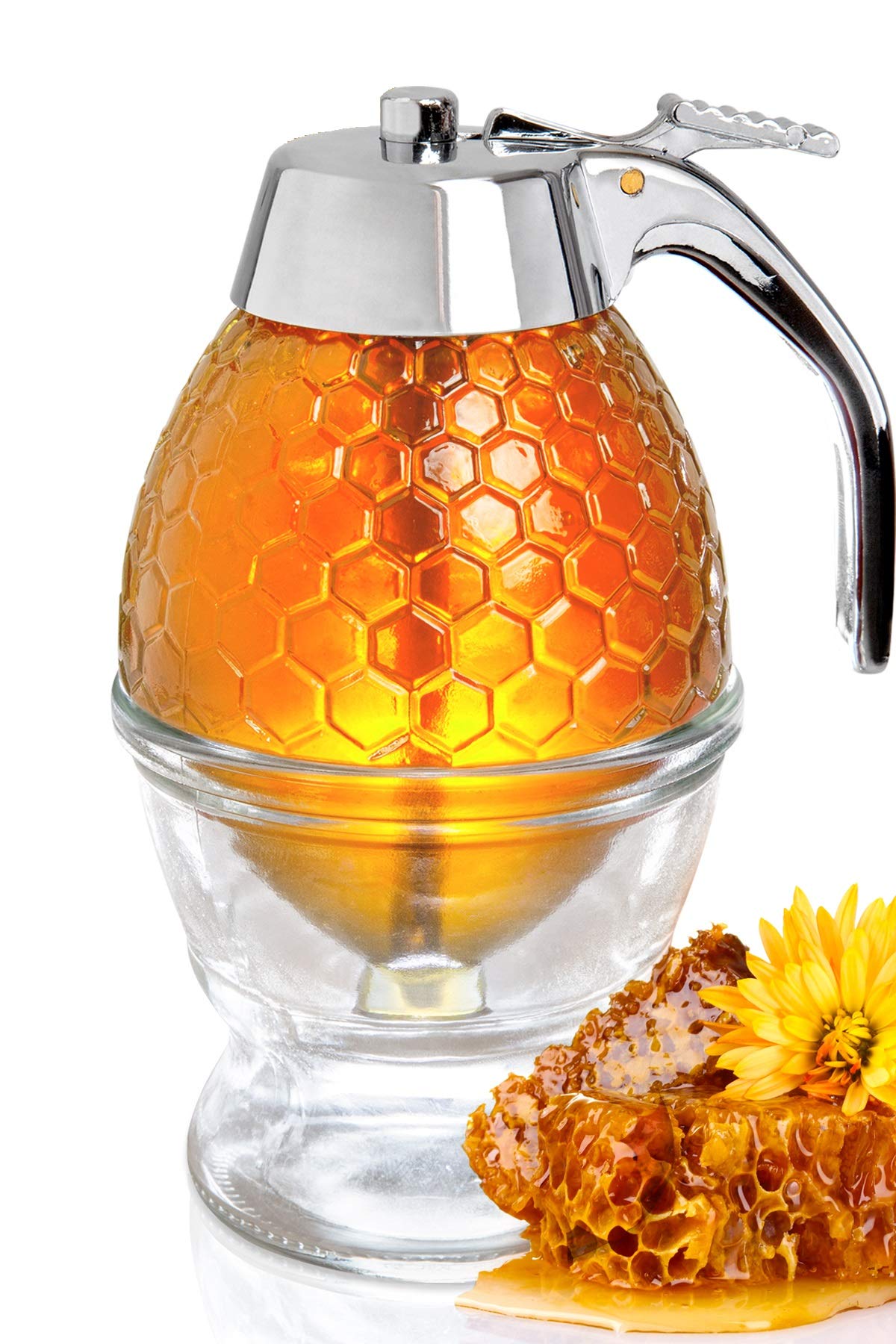 Hunnibi Honey Dispenser PLUS - No Drip Glass with STAINLESS STEEL TOP - Syrup Dispenser Glass - Beautiful Honey Pot - Honey Jar with Stand