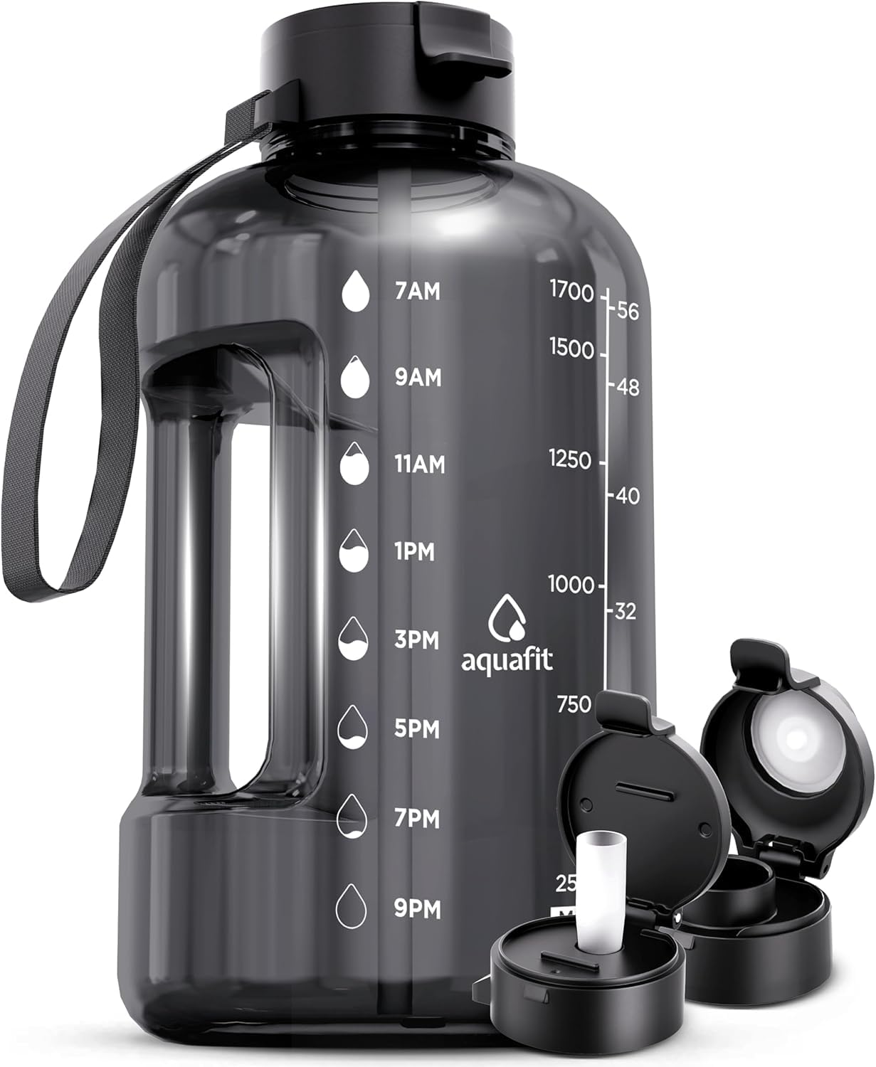 AQUAFIT Half Gallon Water Bottle With Times To Drink - 64 oz Water Bottle With Straw - Water Jug - Motivational Water Bottle - Large Water Bottle - Sports Water Bottle With Time Marker for Gym