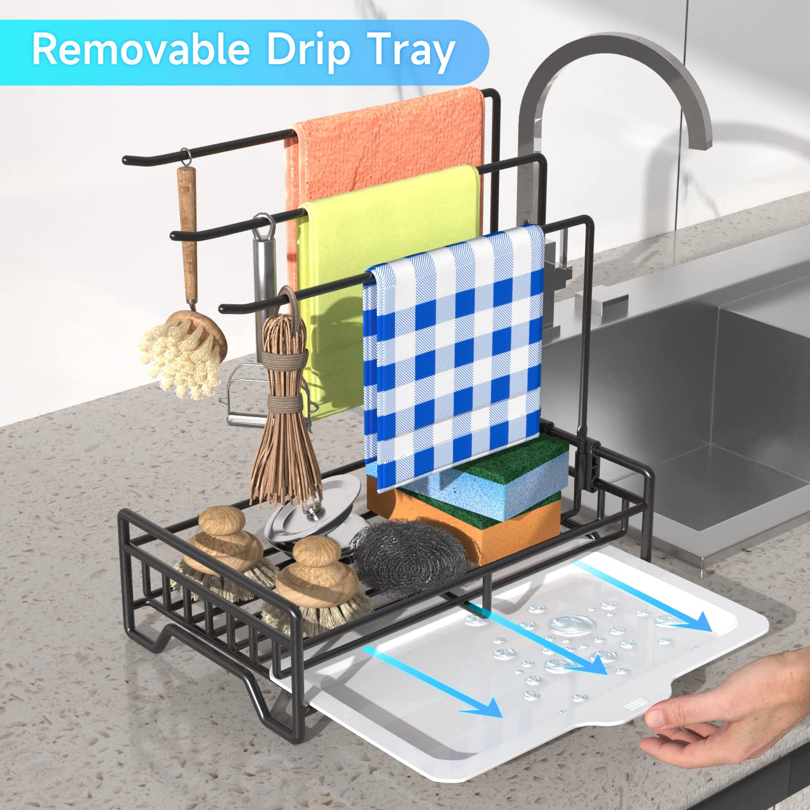 KIKIBRO Kitchen Sink Caddy Organizer Dish Cloth Holder for Rag Brush Sponge Soap at Kitchen Bathroom with Drip Tray and Swivel Lever