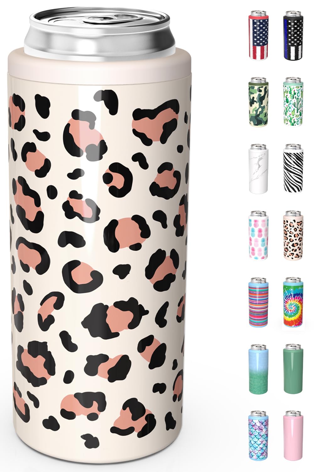 TILUCK Skinny Can Cooler for Slim Beer & Hard Seltzer, Stainless Steel, Doucle-Walled Stainless Steel Insulated Slim Cans, Standard 12 oz (Leopard Print)