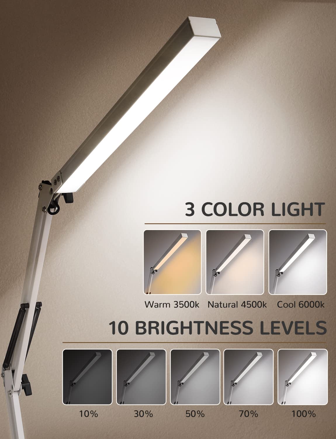 LED Desk Lamp, Adjustable Swing Arm Desk Light with Clamp, 3 Modes &10 Brightness, Study Clamp Light for Architect Kids, Memory Function, Bright Desk Lamps for Home Office Read Room Desktop, White-14W
