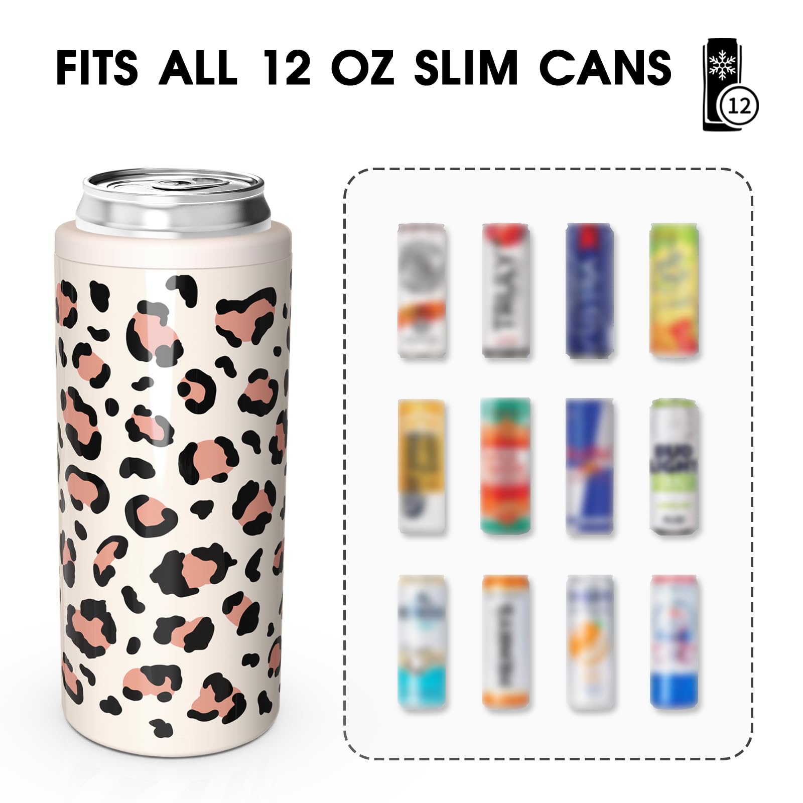 TILUCK Skinny Can Cooler for Slim Beer & Hard Seltzer, Stainless Steel, Doucle-Walled Stainless Steel Insulated Slim Cans, Standard 12 oz (Leopard Print)