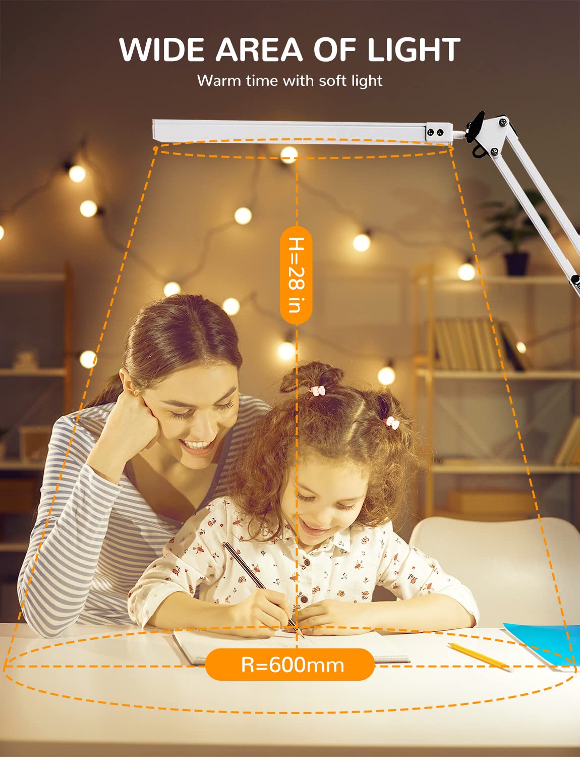 LED Desk Lamp, Adjustable Swing Arm Desk Light with Clamp, 3 Modes &10 Brightness, Study Clamp Light for Architect Kids, Memory Function, Bright Desk Lamps for Home Office Read Room Desktop, White-14W