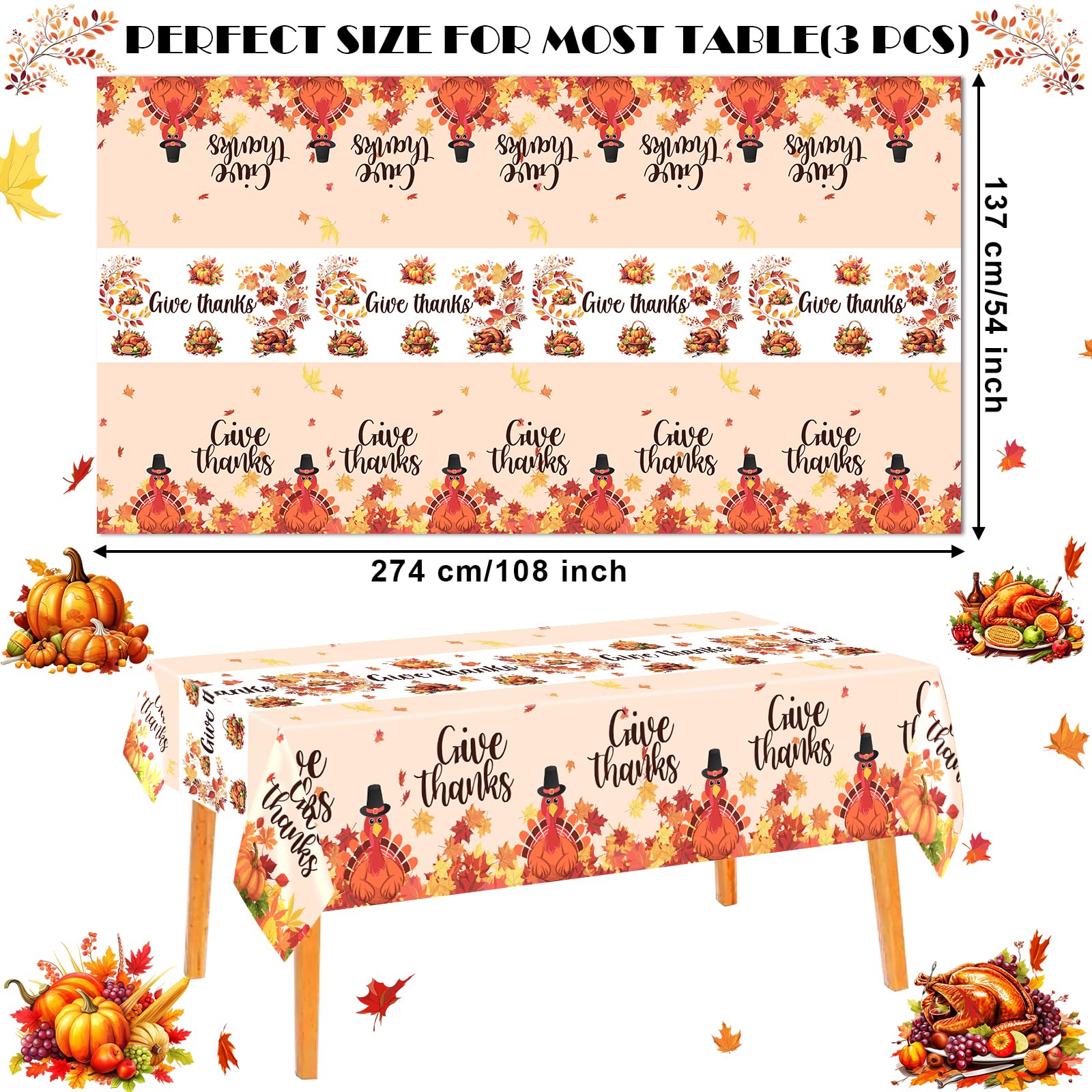 Fecedy Happy Thanksgiving Hanging Extra Large Fabric Sign Poster Background Banner with Pumpkin Maple Leaves Turkey Pattern for Thanksgiving Day Autumn Harvest Decorations 43.3"x70.8"
