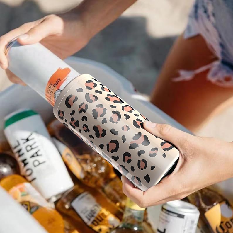 TILUCK Skinny Can Cooler for Slim Beer & Hard Seltzer, Stainless Steel, Doucle-Walled Stainless Steel Insulated Slim Cans, Standard 12 oz (Leopard Print)
