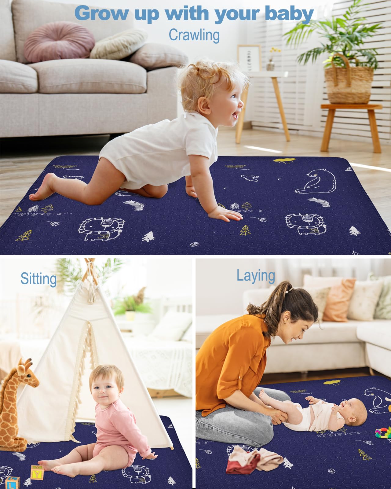 Portable Baby Play Mat Machine Washable, Foldable Crawling Mat for Floor 43x43β Baby Playpen Mat, Soft Non Slip Non-Toxic Playmats for Infants, Kids Tent Mat Square