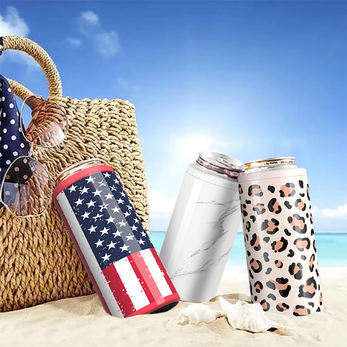 TILUCK Skinny Can Cooler for Slim Beer & Hard Seltzer, Stainless Steel, Doucle-Walled Stainless Steel Insulated Slim Cans, Standard 12 oz (Leopard Print)
