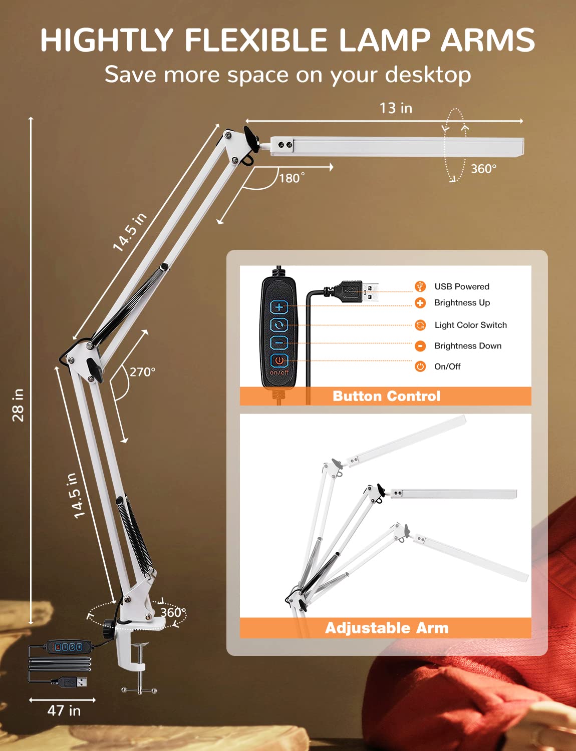 LED Desk Lamp, Adjustable Swing Arm Desk Light with Clamp, 3 Modes &10 Brightness, Study Clamp Light for Architect Kids, Memory Function, Bright Desk Lamps for Home Office Read Room Desktop, White-14W