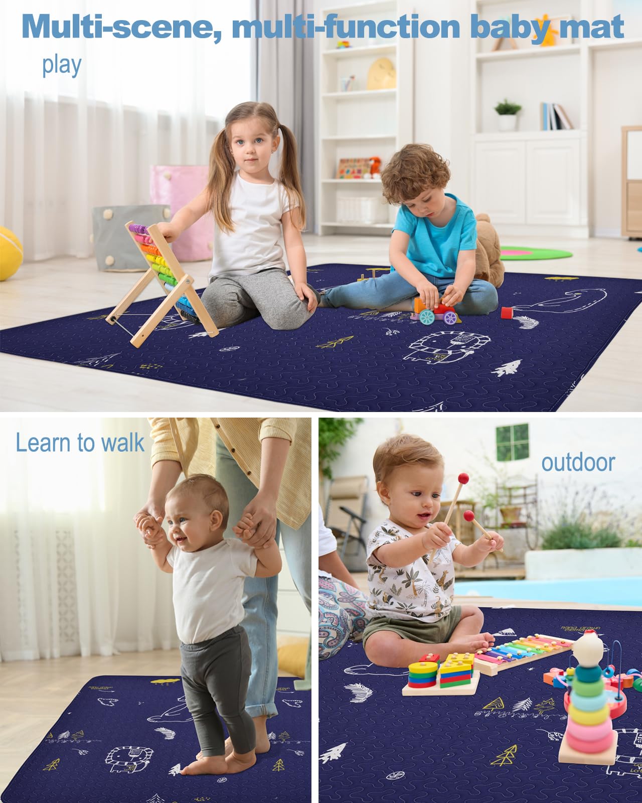 Portable Baby Play Mat Machine Washable, Foldable Crawling Mat for Floor 43x43β Baby Playpen Mat, Soft Non Slip Non-Toxic Playmats for Infants, Kids Tent Mat Square