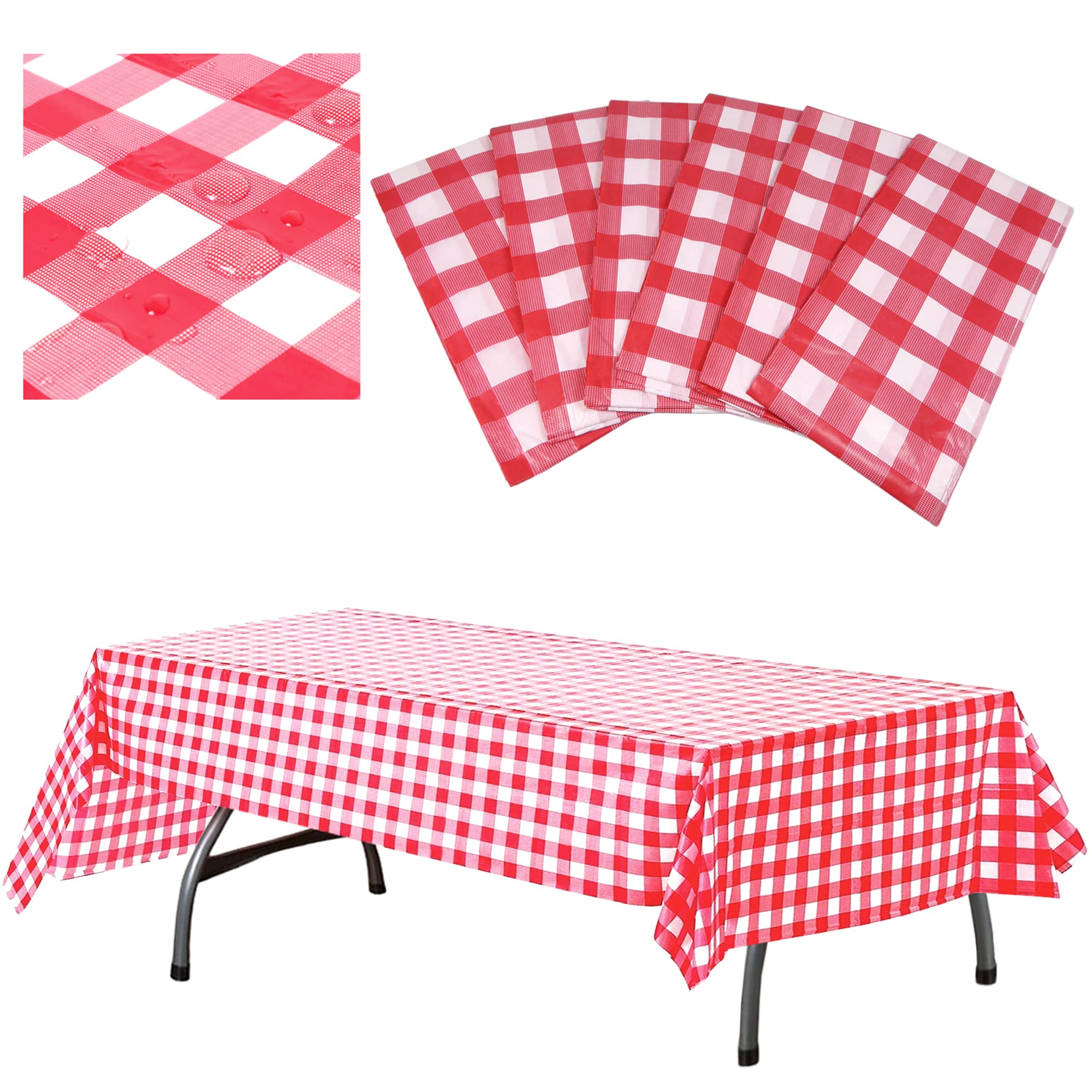 AnapoliZ Plastic Checkered Tablecloth | 6 Pcs Pack - 54” Wide x 108” Long | Red and White Picnic Disposable Table Cover | Rectangular Gingham Tablecover for Birthdays, Carnivals, Parties