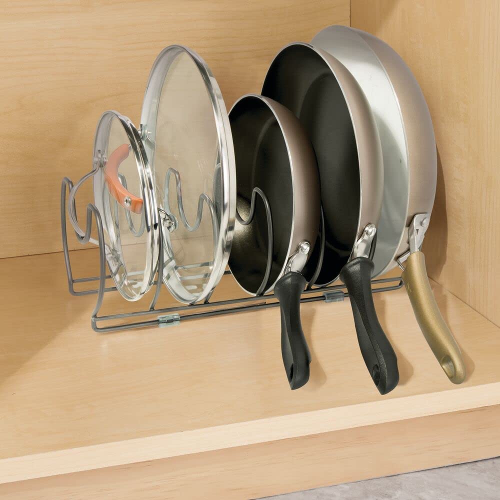 mDesign Metal Wire Pot/Pan Organizer Rack for Kitchen Cabinet, Pantry Shelves, 6 Slots for Vertical or Horizontal Storage of Skillets, Frying or Sauce Pans, Lids, Baking Stones - Graphite Gray