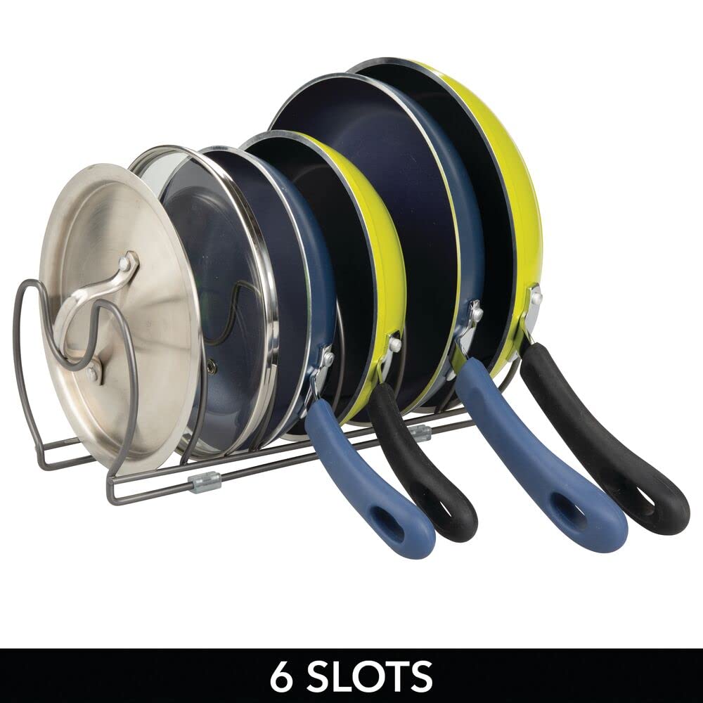 mDesign Metal Wire Pot/Pan Organizer Rack for Kitchen Cabinet, Pantry Shelves, 6 Slots for Vertical or Horizontal Storage of Skillets, Frying or Sauce Pans, Lids, Baking Stones - Graphite Gray