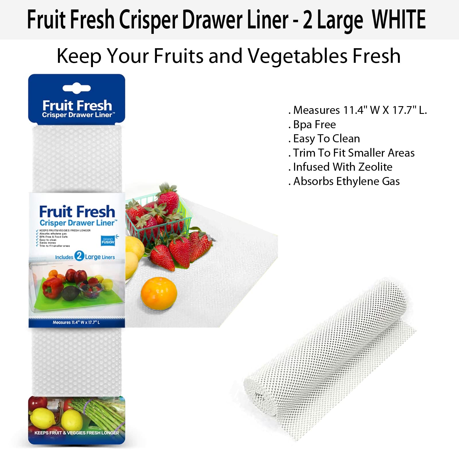 Grand Fusion Fresh Fruits Refrigerator Drawer Liner, BPA-Free Fridge Liners, Keep Your Produce Fresh and Juicy, Easy-to-Clean, Clear, Pack of 2