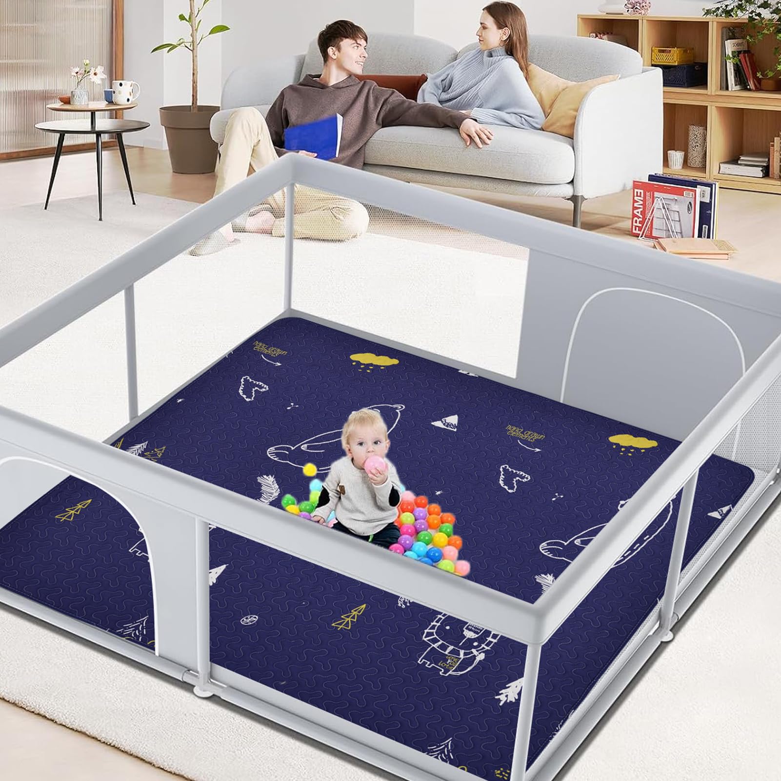 Portable Baby Play Mat Machine Washable, Foldable Crawling Mat for Floor 43x43β Baby Playpen Mat, Soft Non Slip Non-Toxic Playmats for Infants, Kids Tent Mat Square