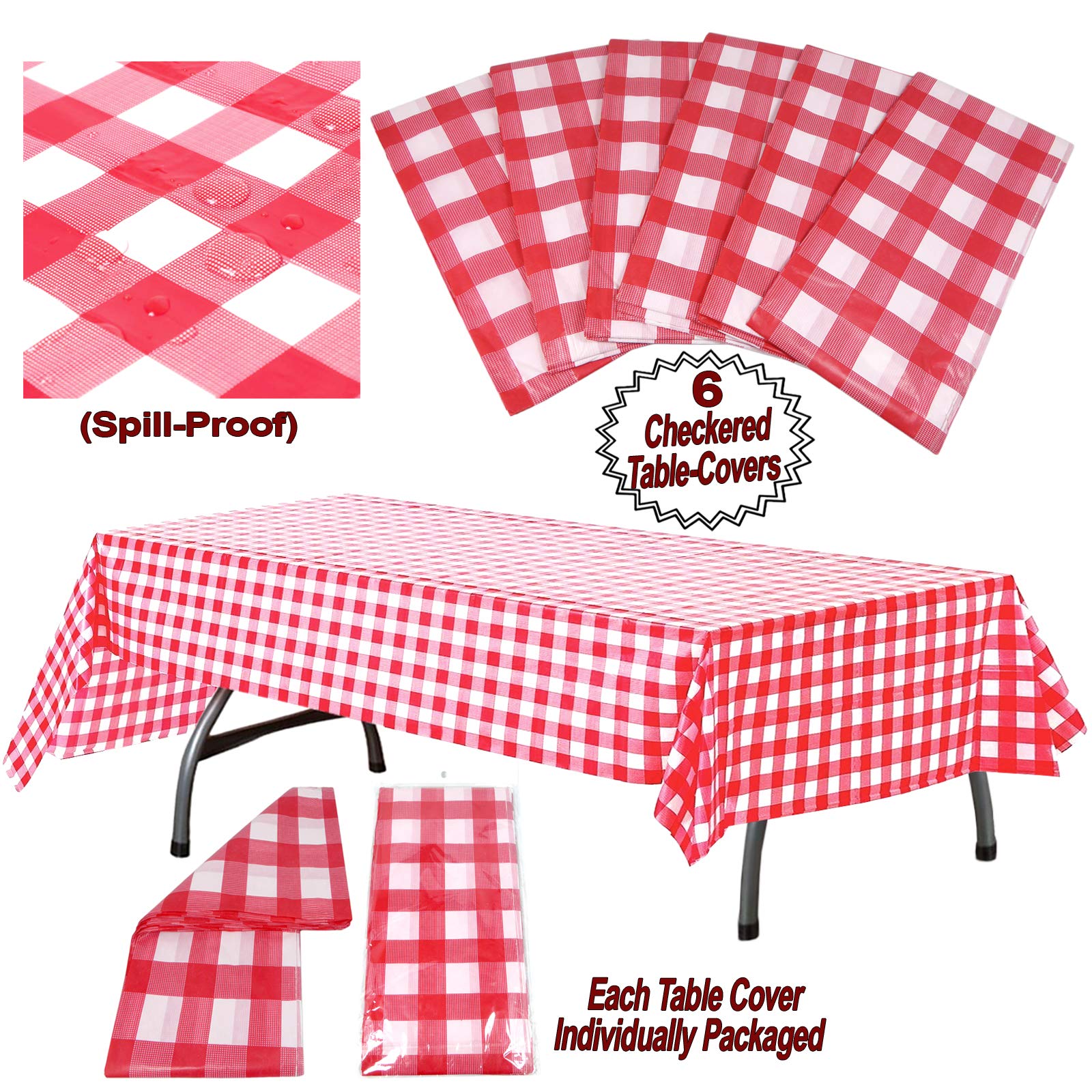 AnapoliZ Plastic Checkered Tablecloth | 6 Pcs Pack - 54β Wide x 108β Long | Red and White Picnic Disposable Table Cover | Rectangular Gingham Tablecover for Birthdays, Carnivals, Parties
