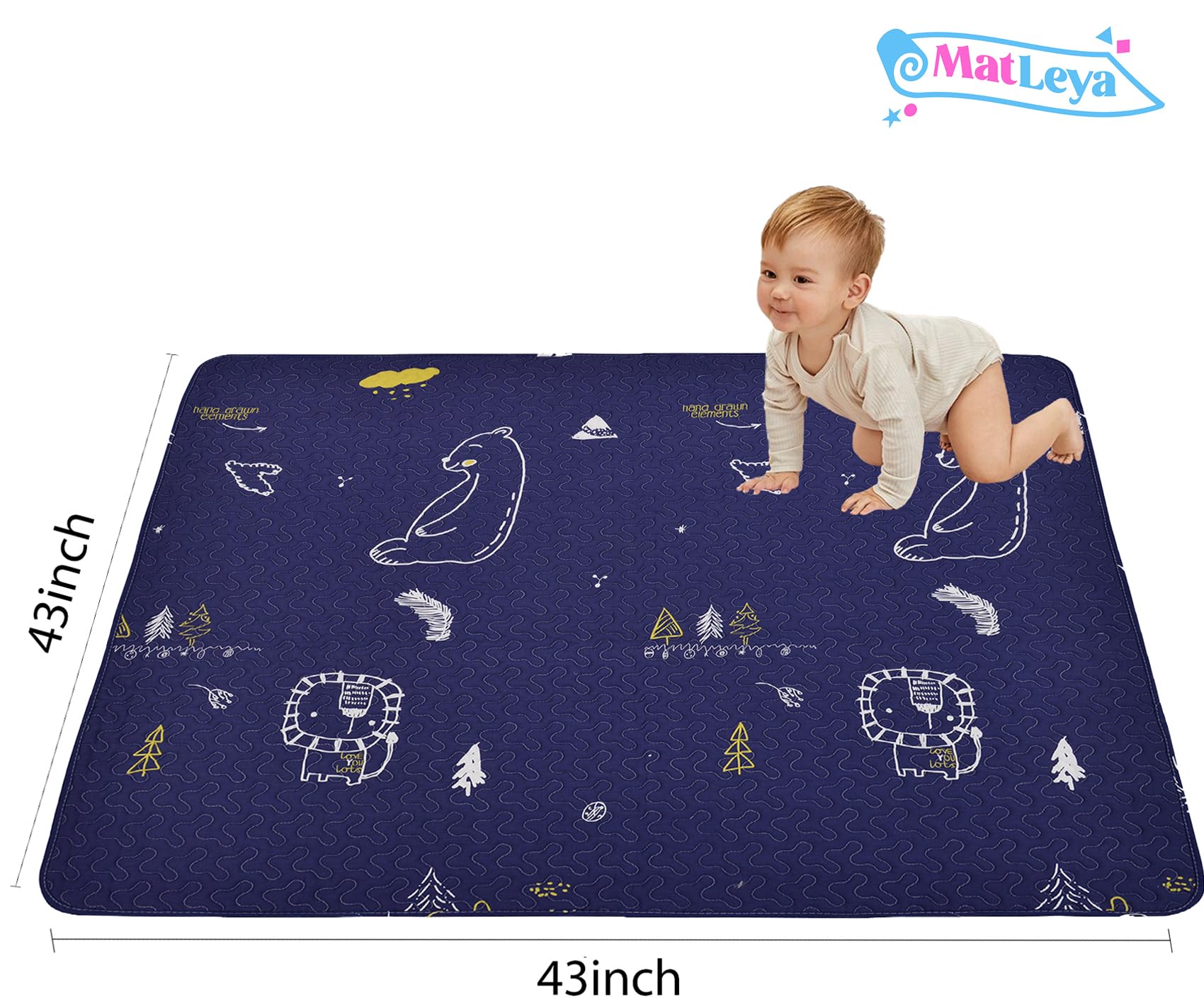 Portable Baby Play Mat Machine Washable, Foldable Crawling Mat for Floor 43x43β Baby Playpen Mat, Soft Non Slip Non-Toxic Playmats for Infants, Kids Tent Mat Square